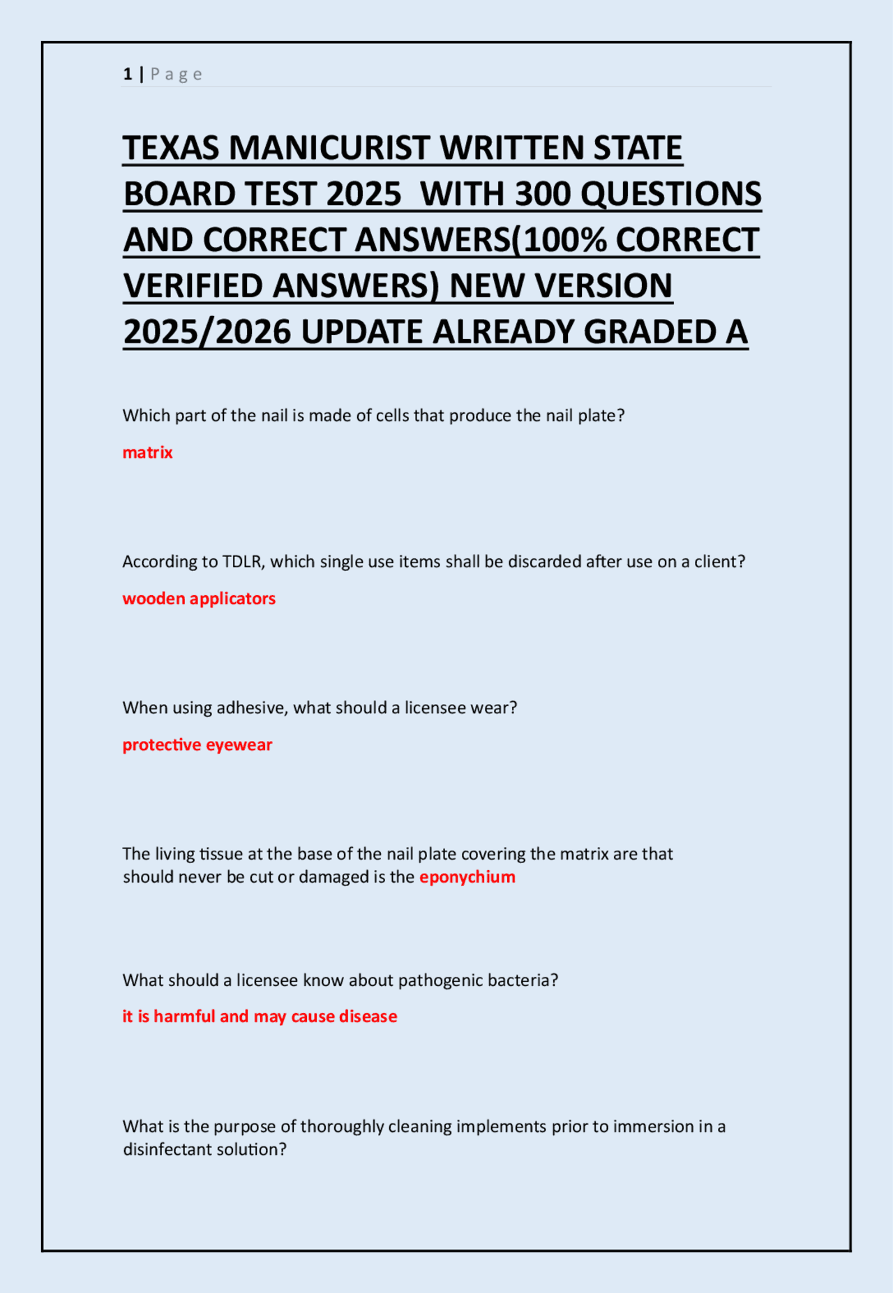 TEXAS MANICURIST WRITTEN STATE BOARD TEST 2025 WITH 300 QUESTIONS AND ...