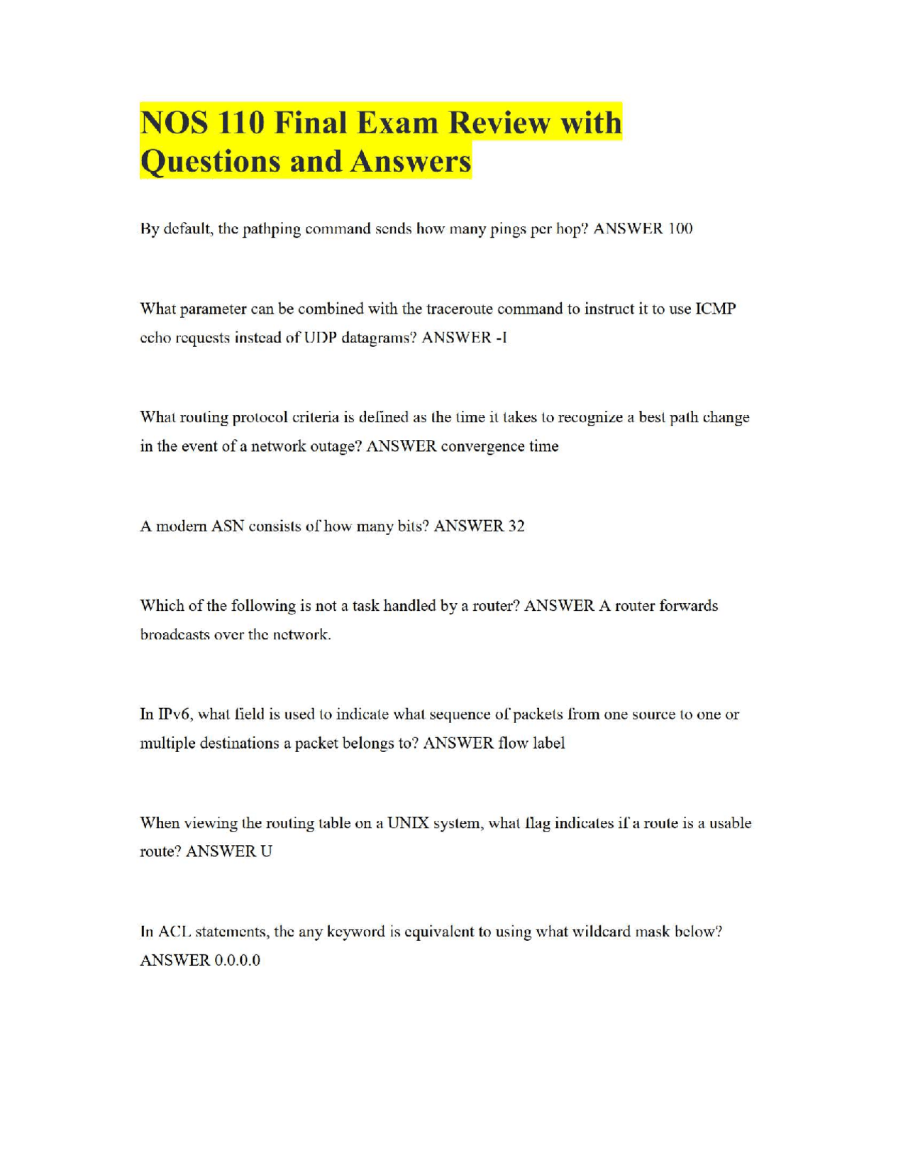 NOS 110 Final Exam Review with Questions and Answers | Exams Computer Science | Docsity