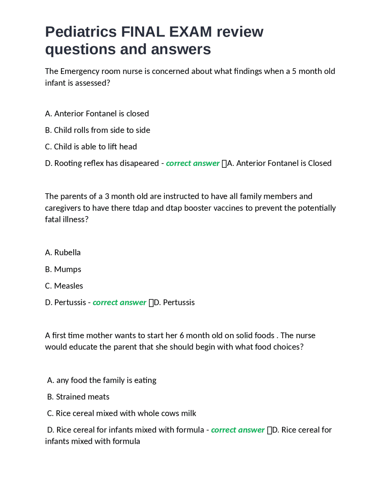 Pediatrics Final Exam Review: Multiple Choice Questions and Answers | Exams Nursing | Docsity