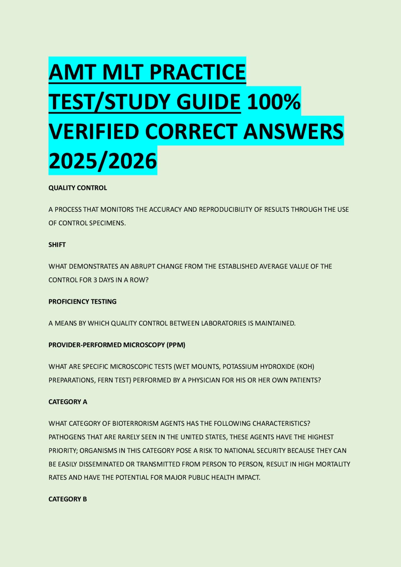AMT MLT PRACTICE TEST/STUDY GUIDE 100% VERIFIED CORRECT ANSWERS 2025/ ...
