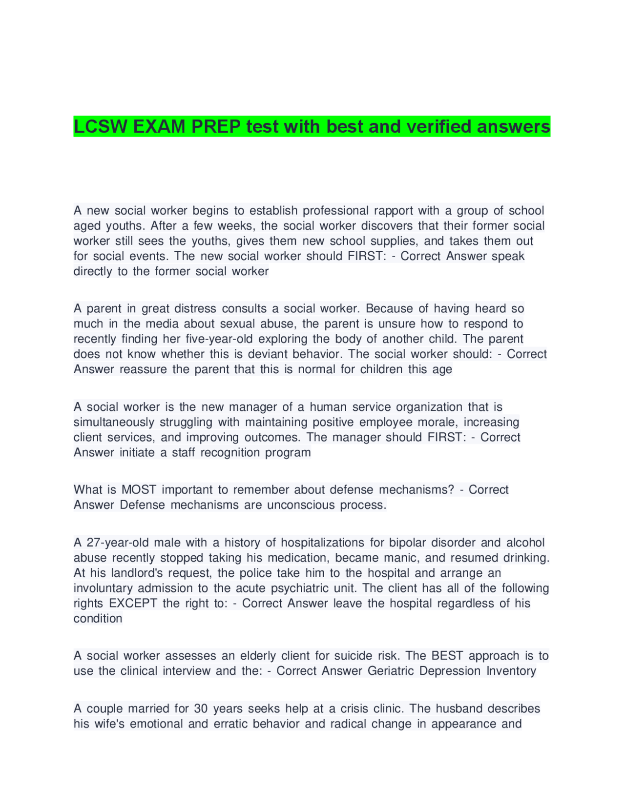 LCSW EXAM PREP test with best and verified answers | Exams Health ...