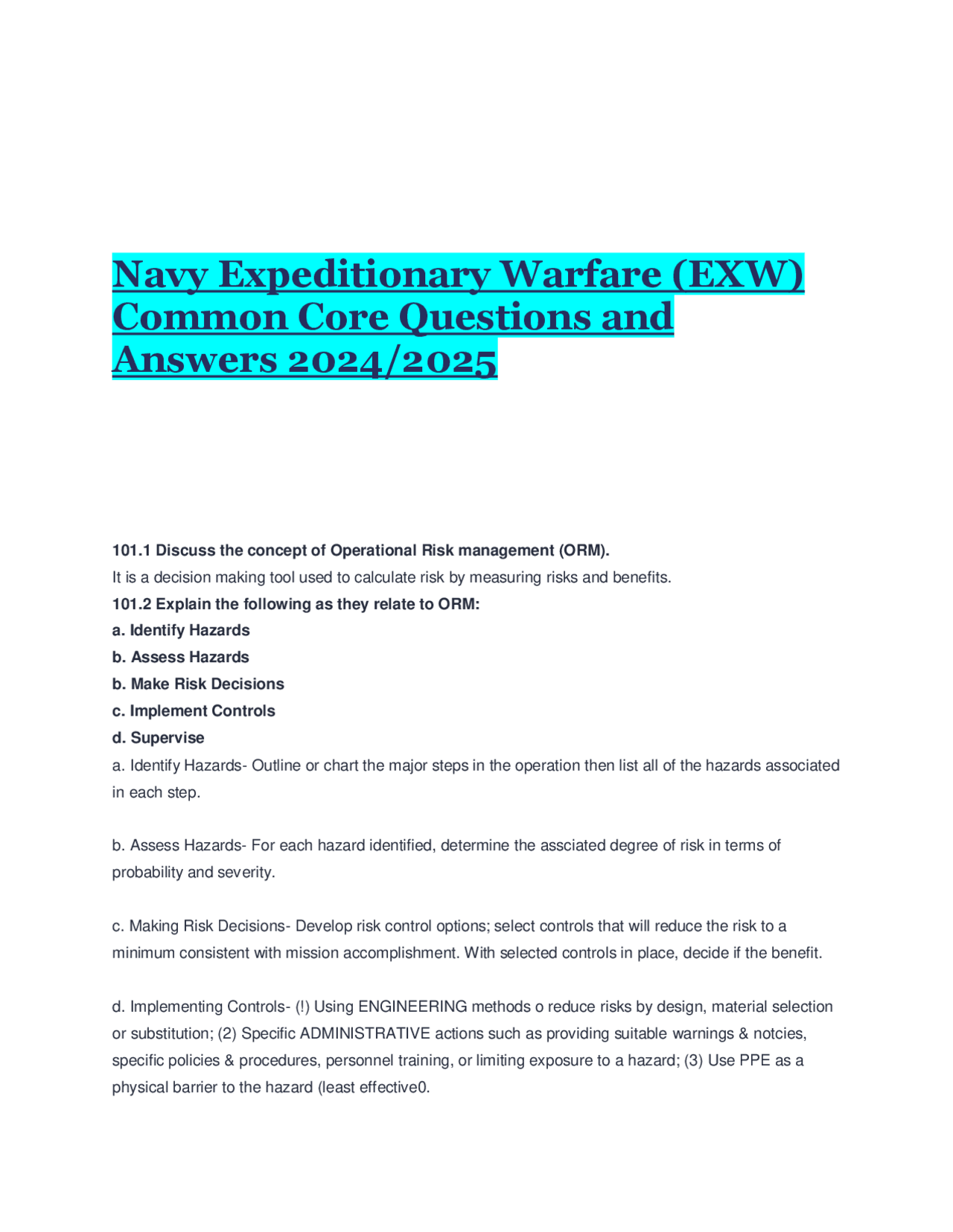 Navy Expeditionary Warfare (EXW) Common Core Questions and Answers 2024 ...