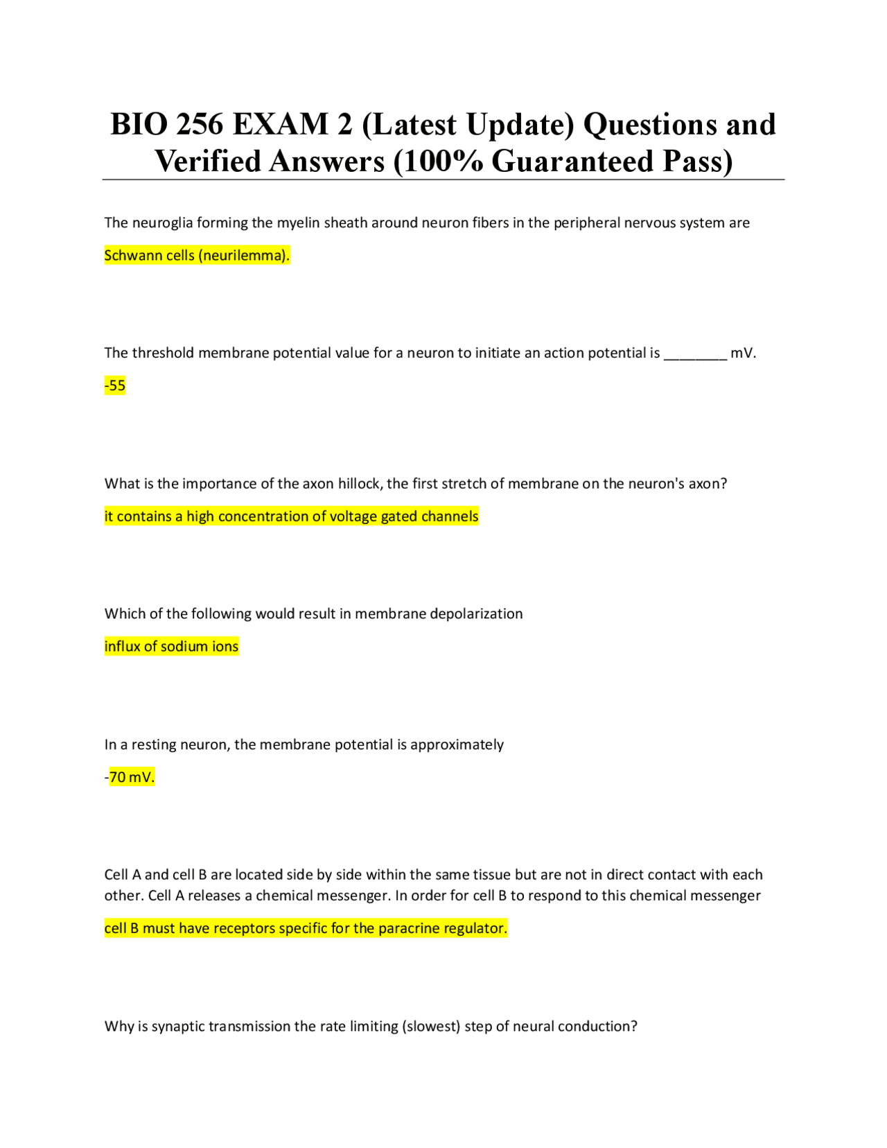 BIO 256 EXAM 2 (Latest Update) Questions and Verified Answers (100% ...