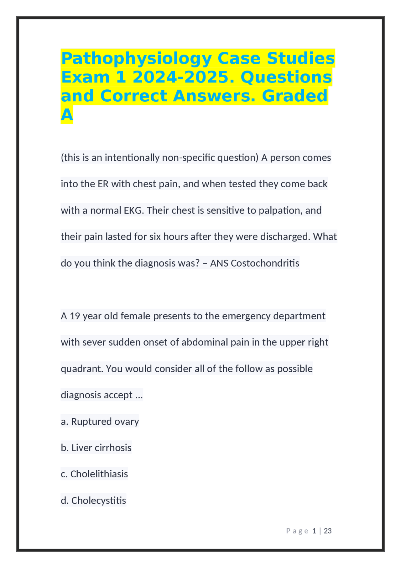 Pathophysiology Case Studies Exam 1 2024-2025. Questions and Correct Answers. Graded A | Exams ...
