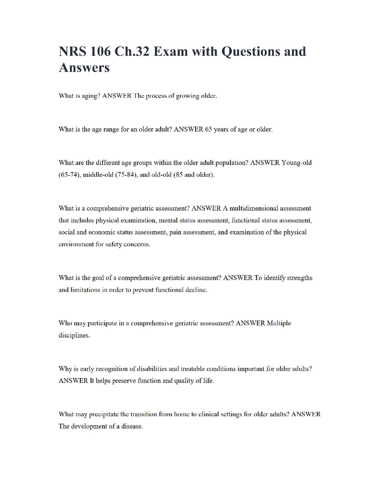 NRS 106 Ch.32 Exam with Questions and Answers | Exams Nursing | Docsity