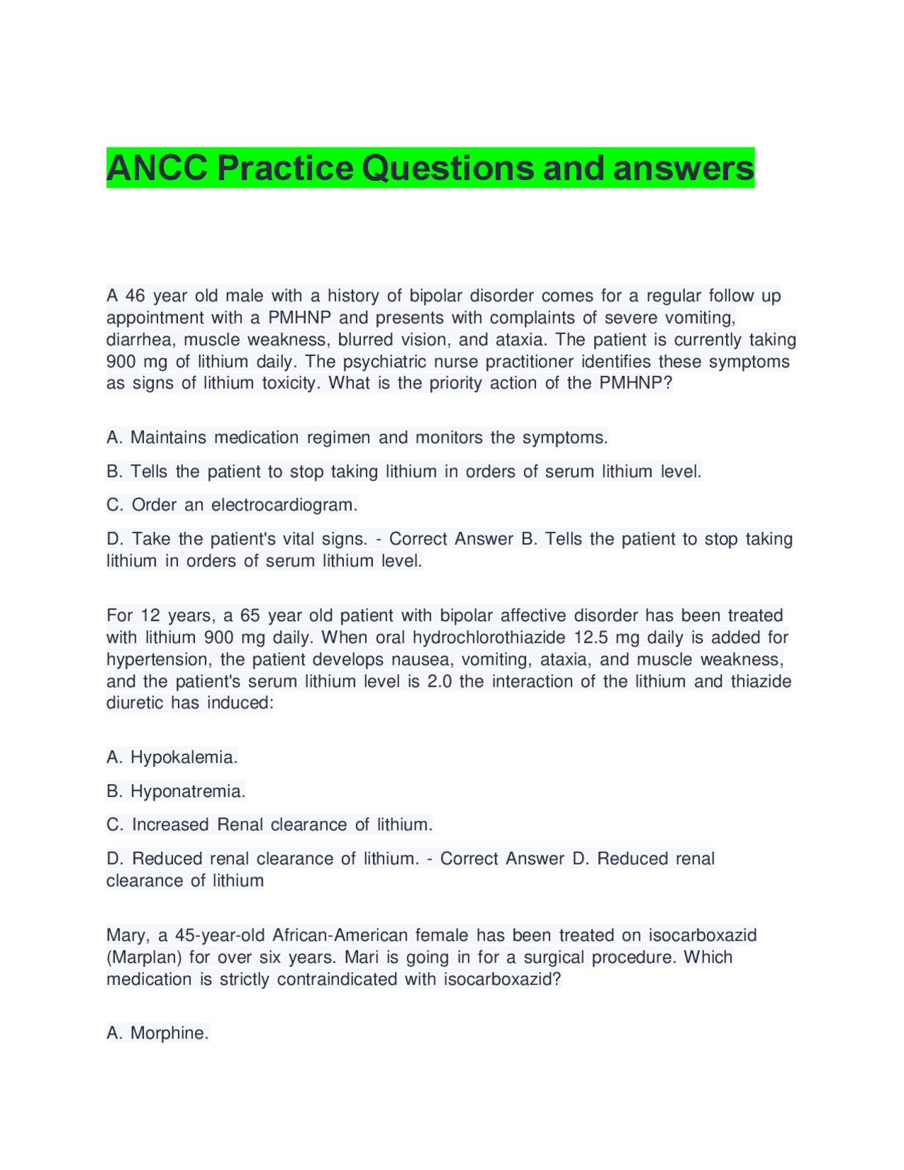 ANCC Practice Questions and answers | Exams Medicine | Docsity