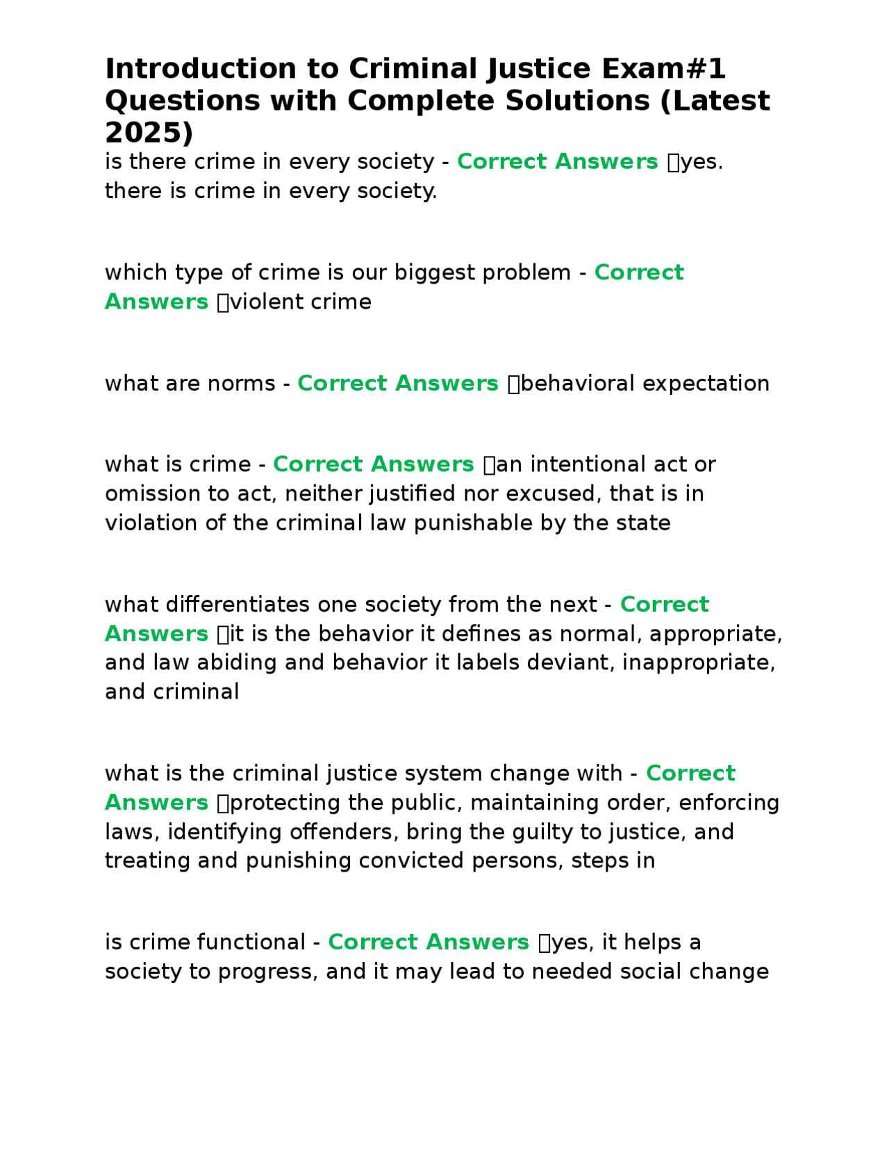 Introduction to Criminal Justice Exam#1: Questions and Answers | Exams ...