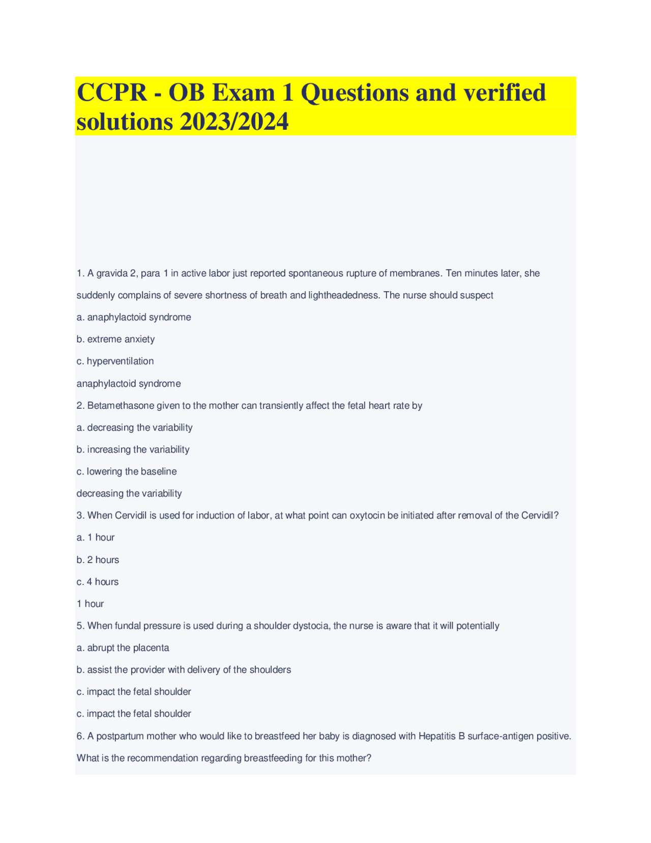 CCPR - OB Exam 1 Questions and verified solutions 2023/2024 | Exams ...