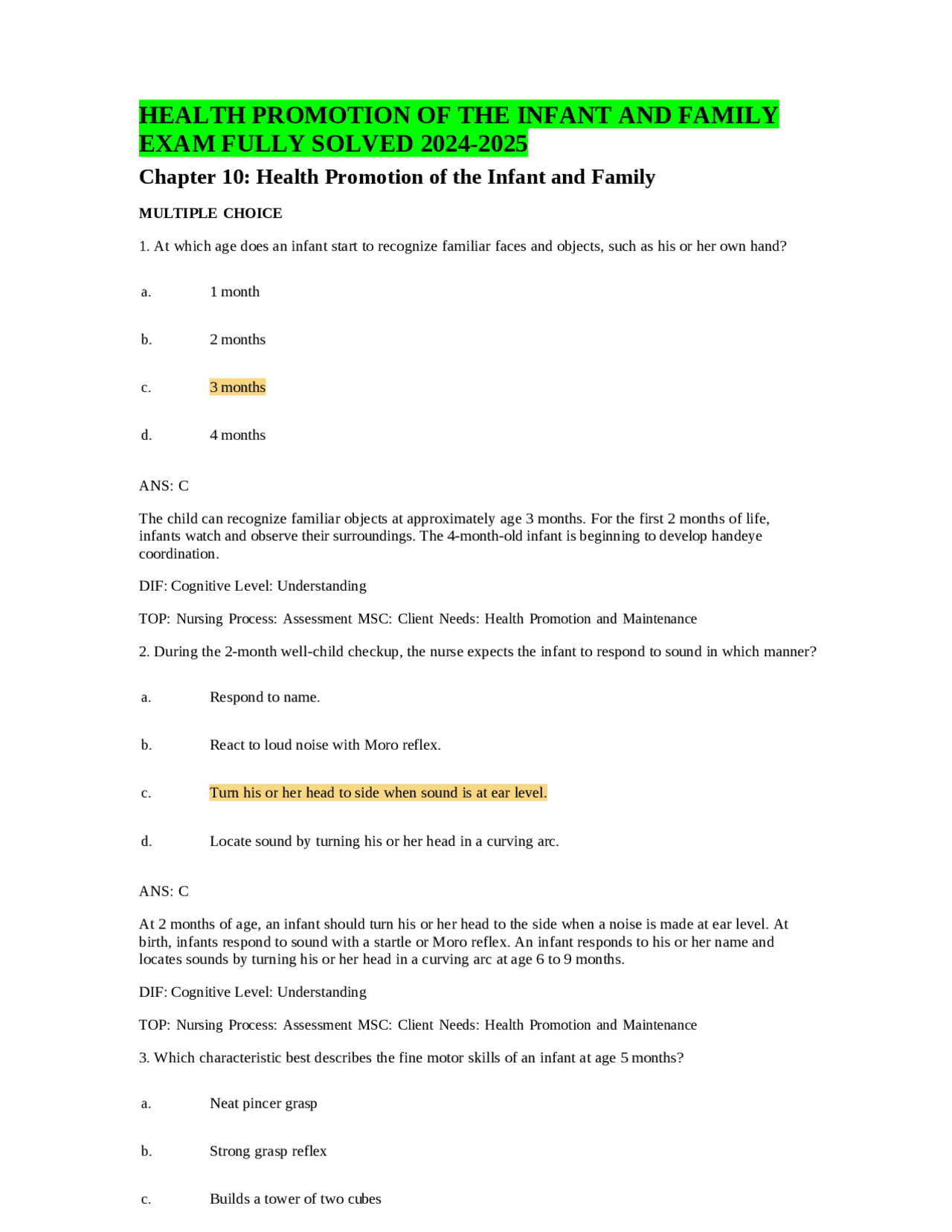 Health Promotion of the Infant and Family: Exam Questions and Answers ...
