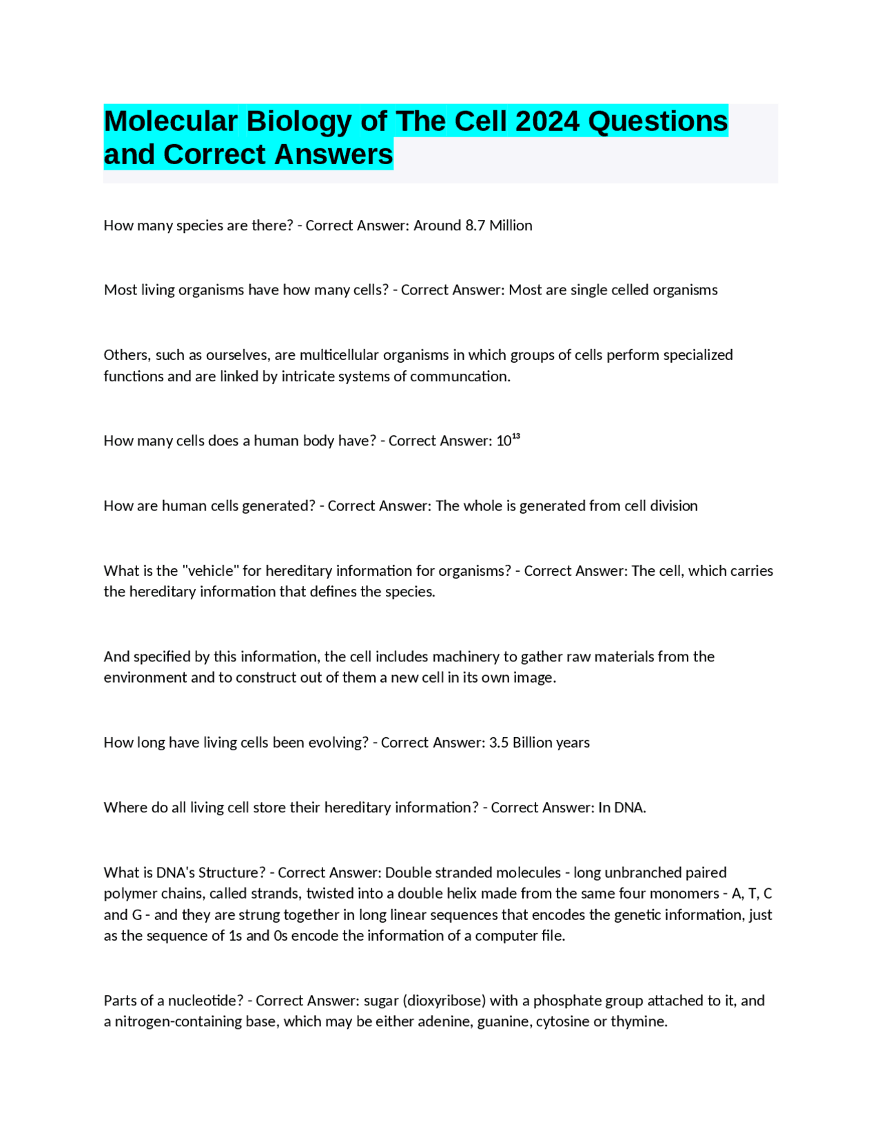 Molecular Biology of The Cell 2024 Questions and Correct Answers ...