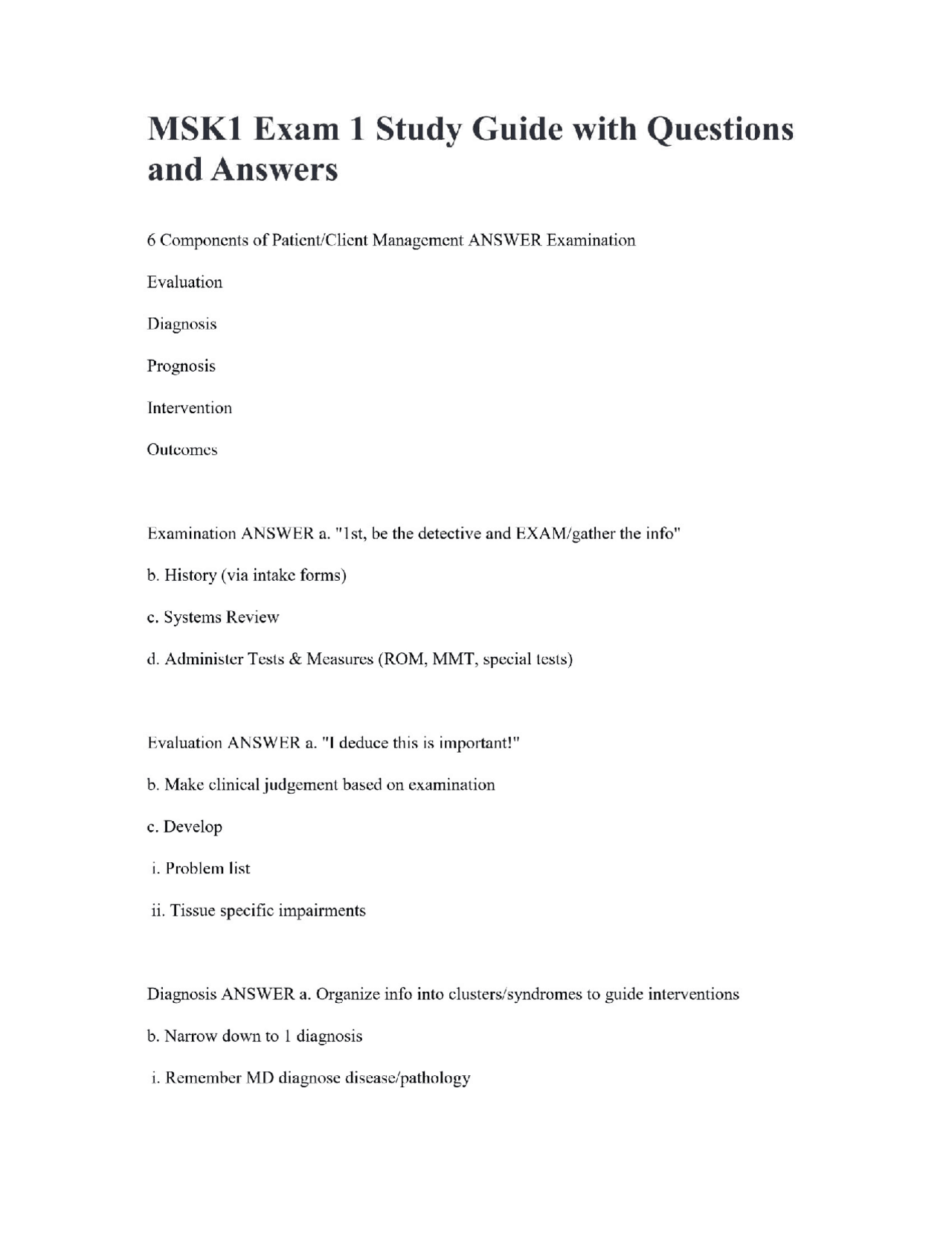 MSK1 Exam 1 Study Guide with Questions and Answers | Exams Health ...