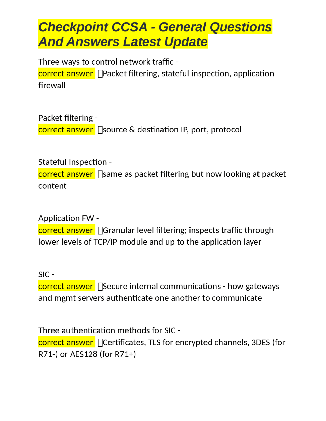 Checkpoint CCSA General Questions and Answers | Exams Engineering | Docsity