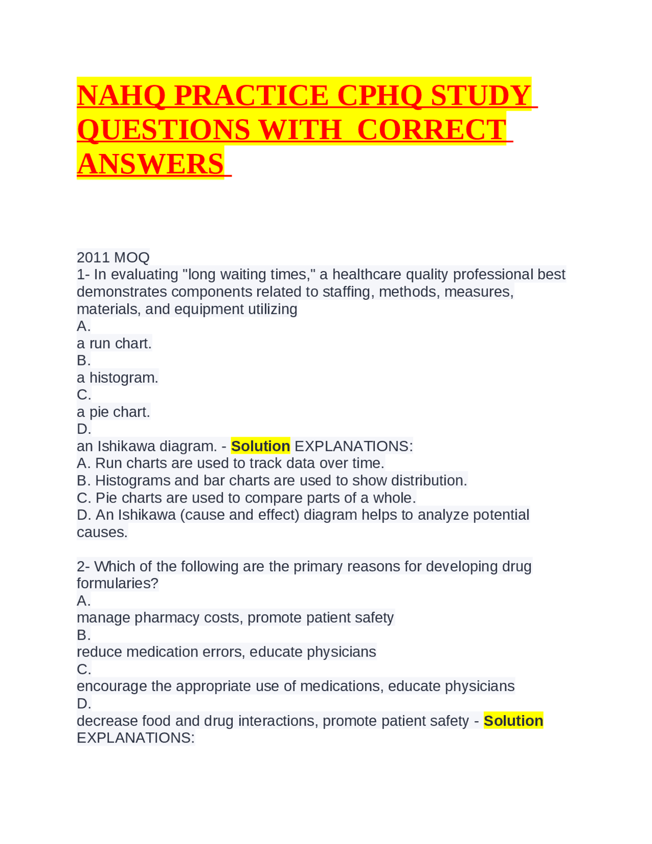 NAHQ CPHQ Practice Study Questions with Correct Answers | Exams Nursing ...