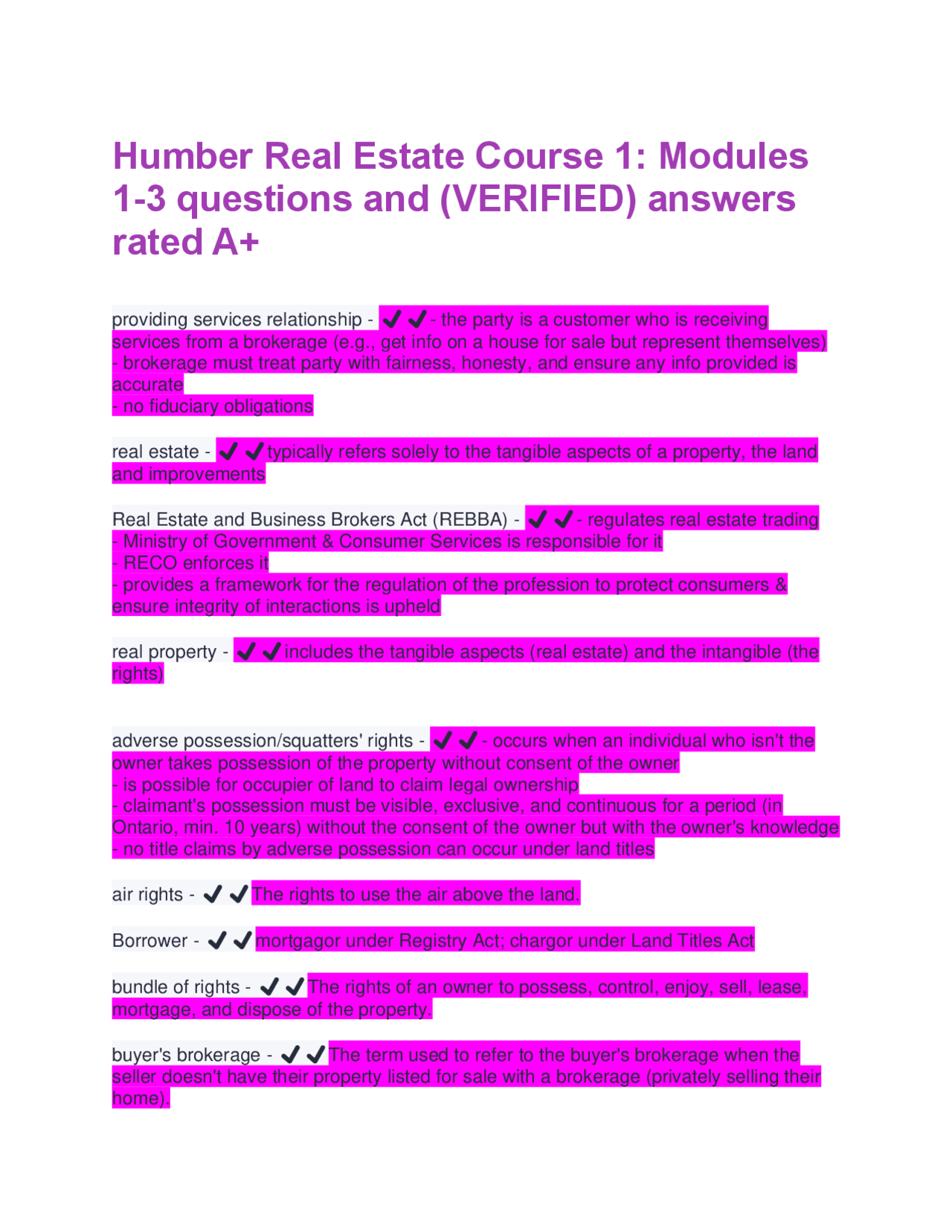 Real Estate Course 1: Modules 1-3 - Questions and Answers | Exams Real ...