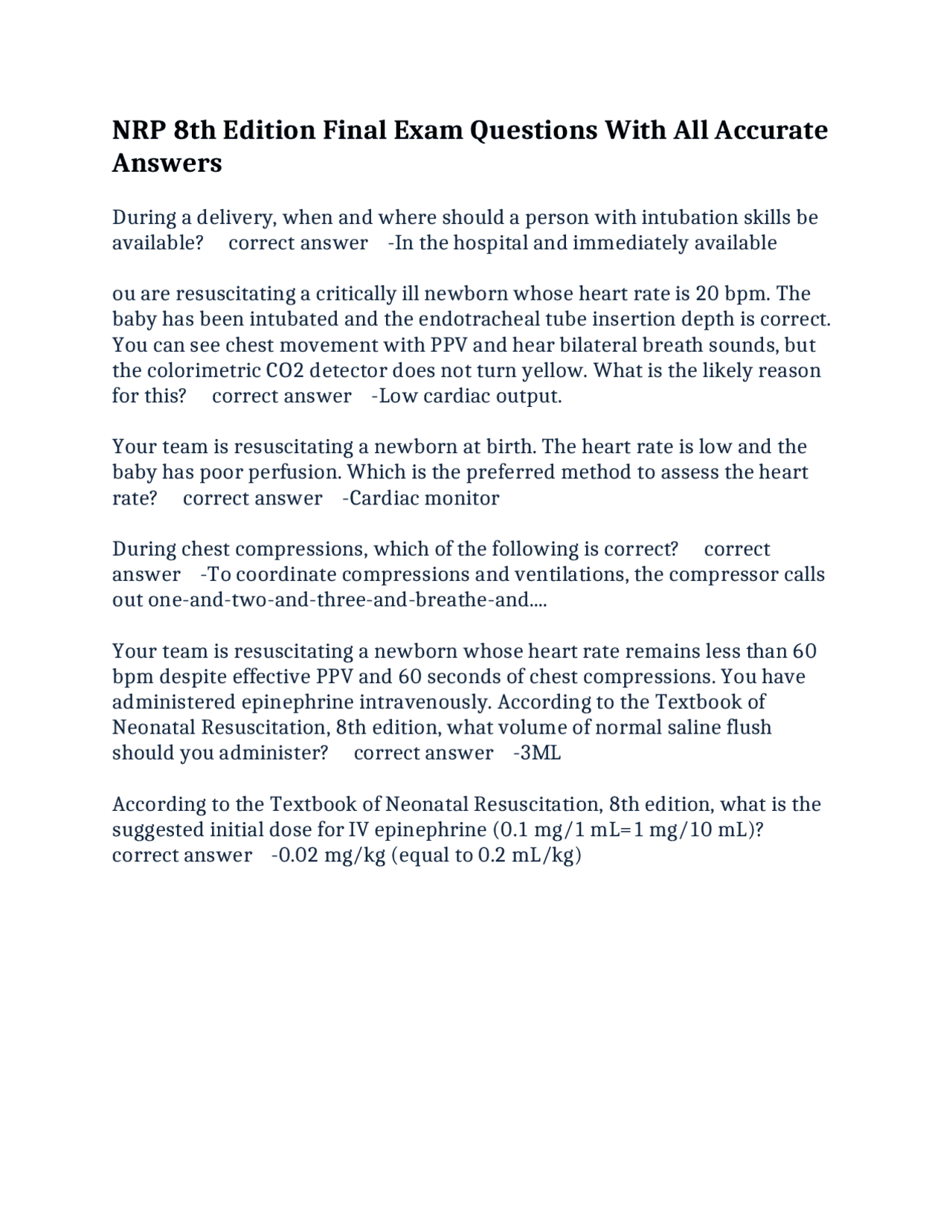 NRP 8th Edition Final Exam Questions and Answers: Neonatal Resuscitation | Exams Health sciences ...