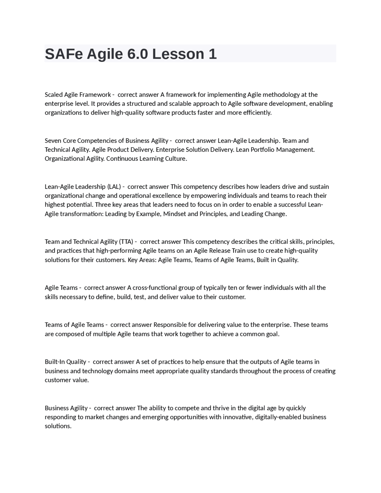 SAFe Agile 6.0 Lesson 1: Introduction to Scaled Agile Framework | Exams ...