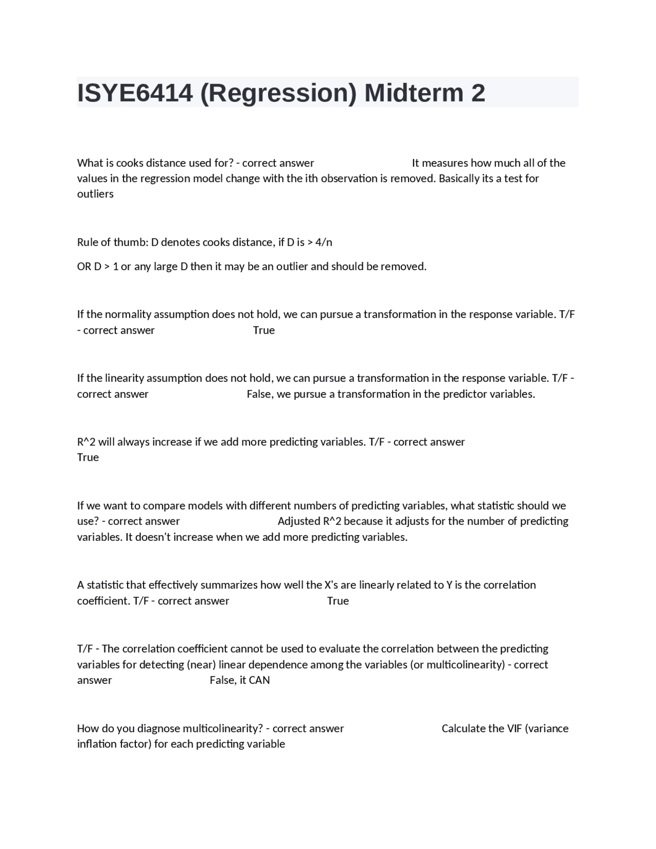 ISYE6414 (Regression) Midterm 2: Questions and Answers | Exams Nursing | Docsity