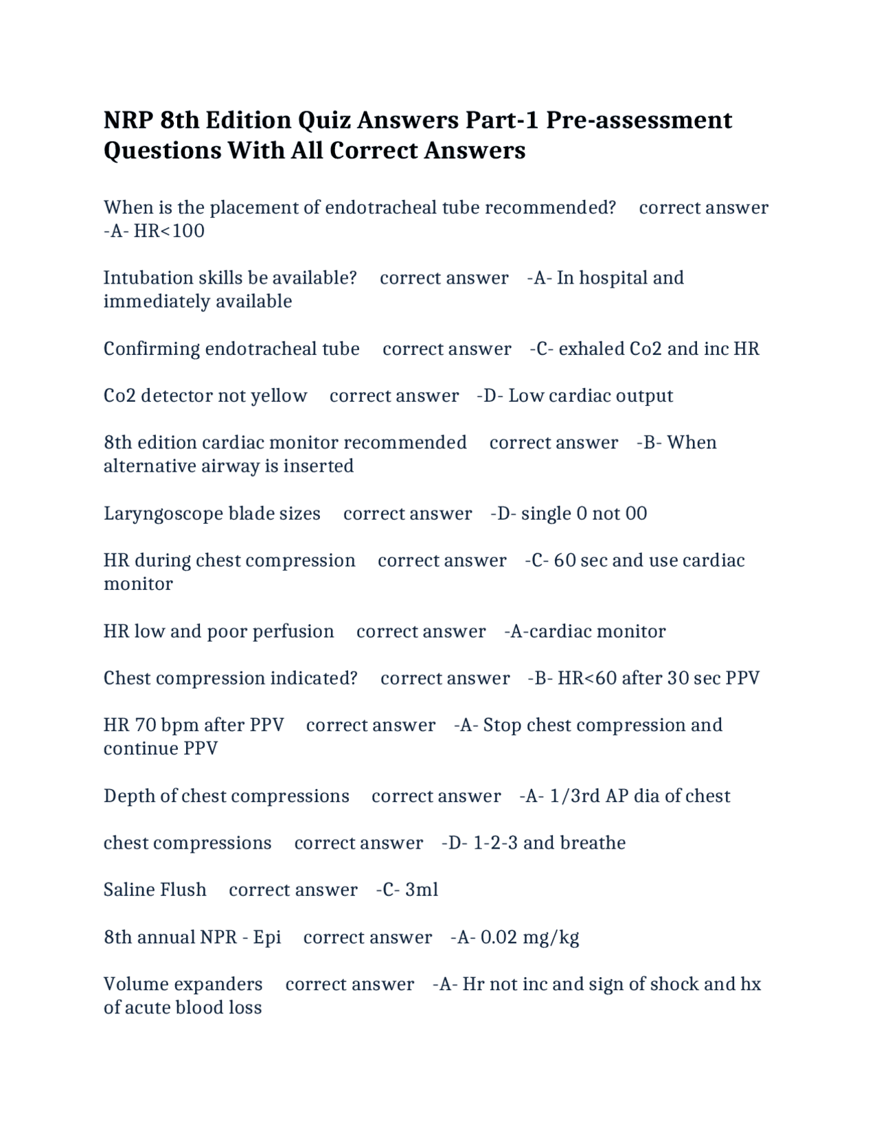 NRP 8th Edition Quiz Answers Part-1: Pre-assessment Questions and ...
