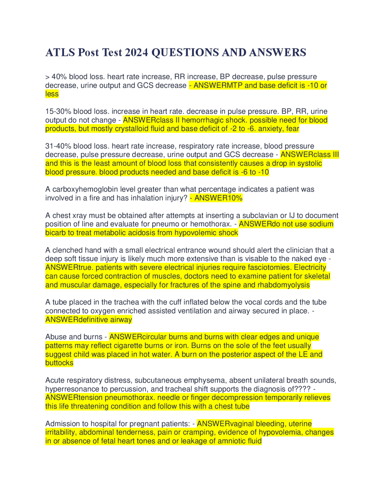 ATLS Post Test 2024 QUESTIONS AND ANSWERS | Exams Health psychology ...