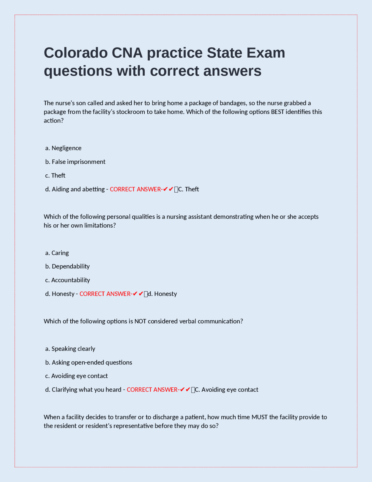 Colorado CNA Practice State Exam Questions and Answers | Exams ...