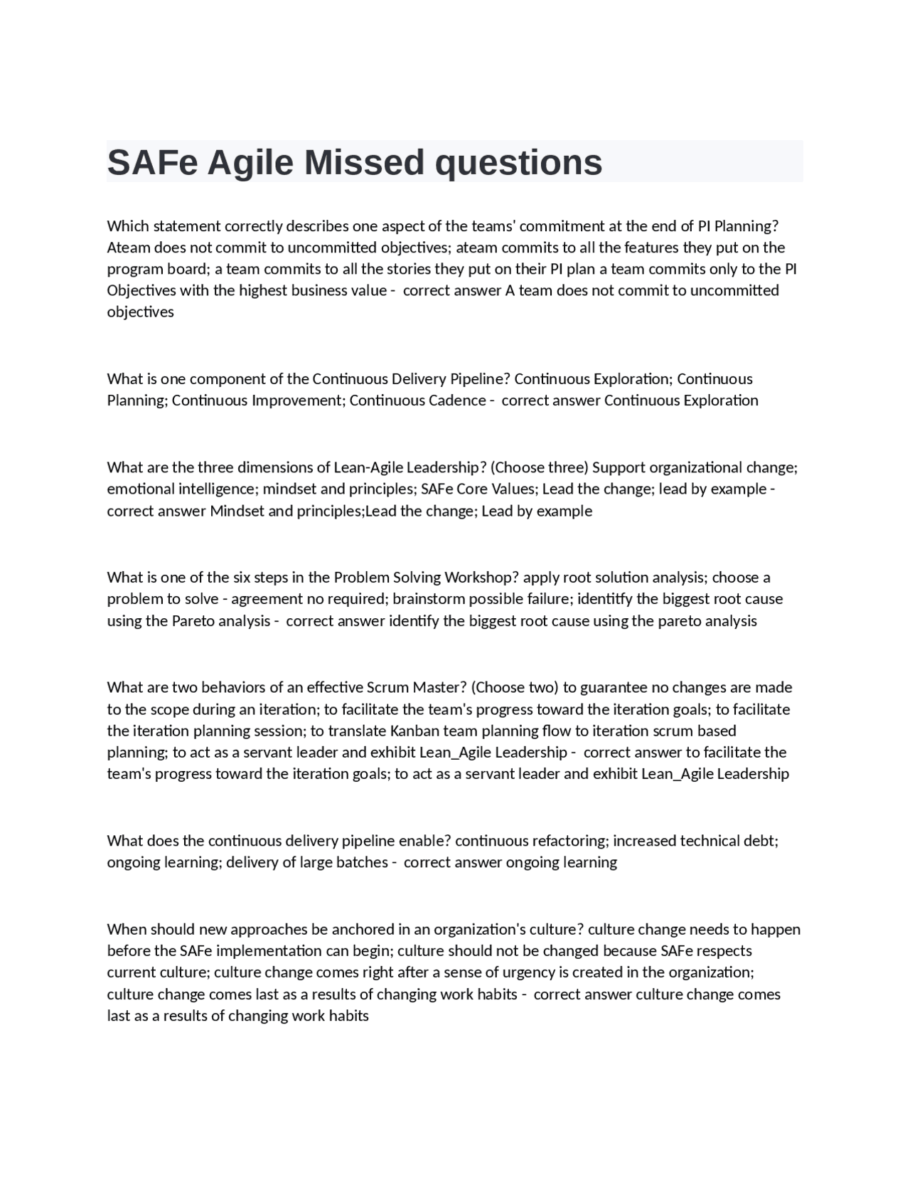 SAFe Agile Multiple Choice Questions and Answers | Exams Nursing | Docsity