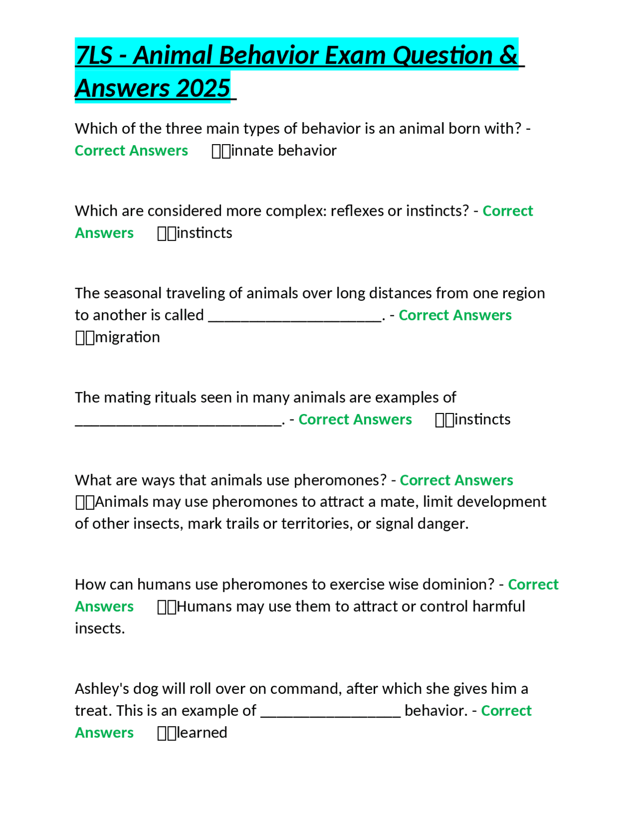 Animal Behavior Exam Questions and Answers | Exams Animal Biology | Docsity