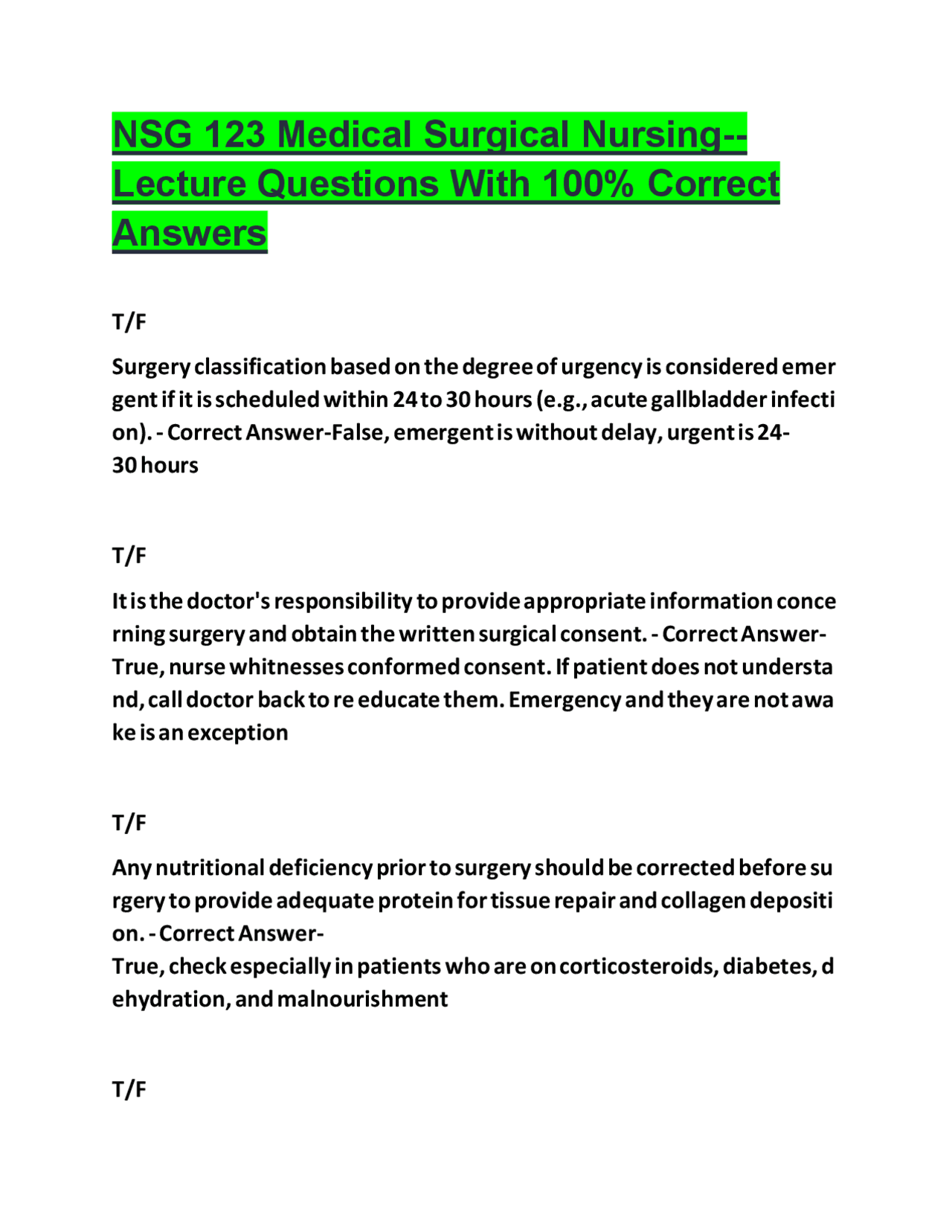 Medical Surgical Nursing Lecture Questions and Answers | Exams Advanced ...