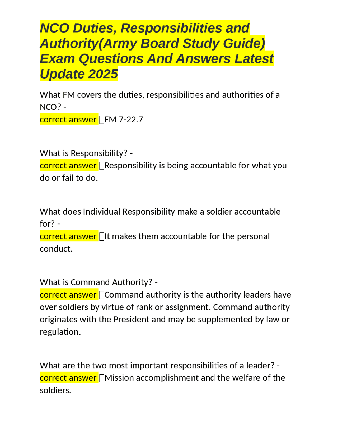 NCO Duties, Responsibilities and Authority(Army Board Study Guide) Exam Questions And Answ ...
