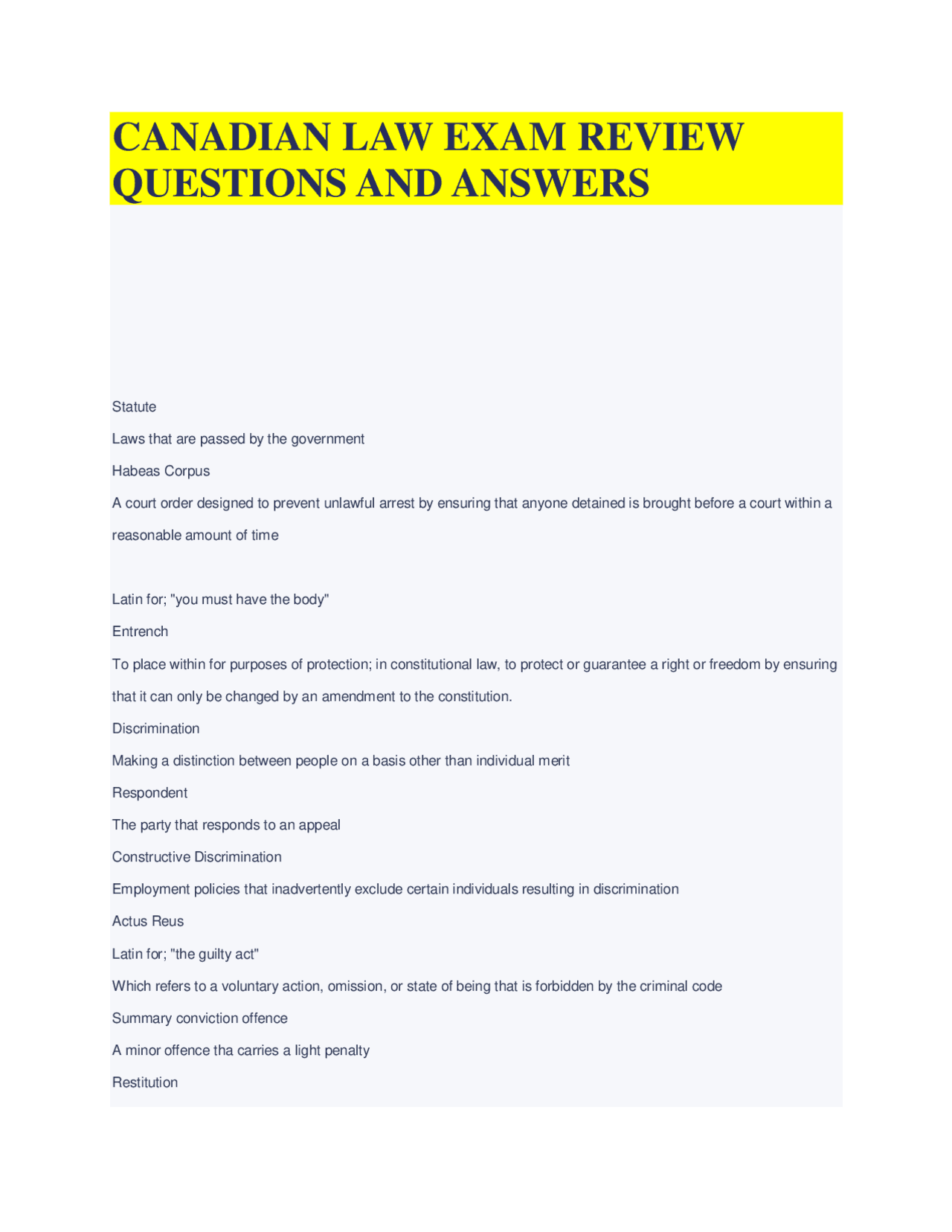 Canadian Law Exam Review: Questions and Answers | Exams Law | Docsity