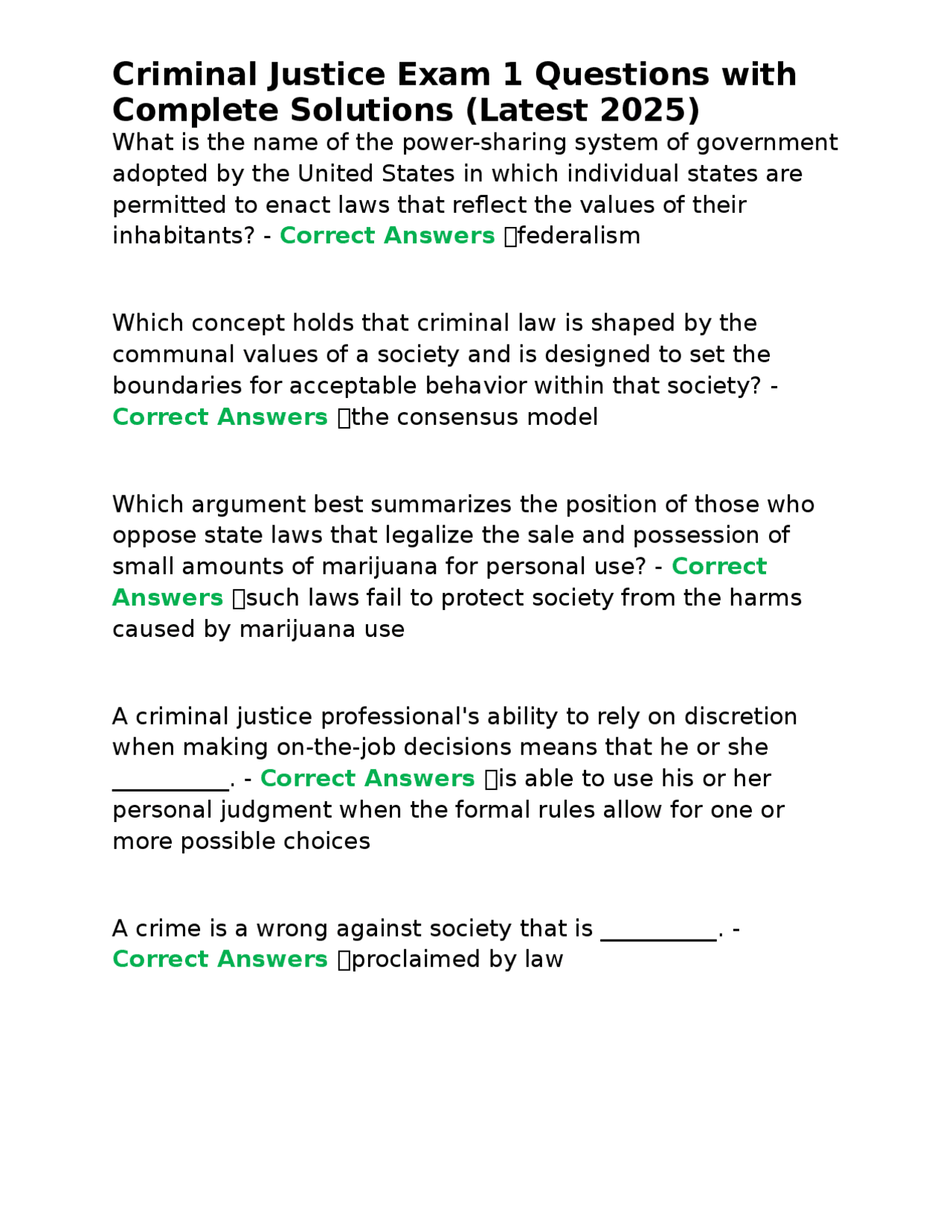 Criminal Justice Exam 1 Questions and Answers | Exams Nursing | Docsity