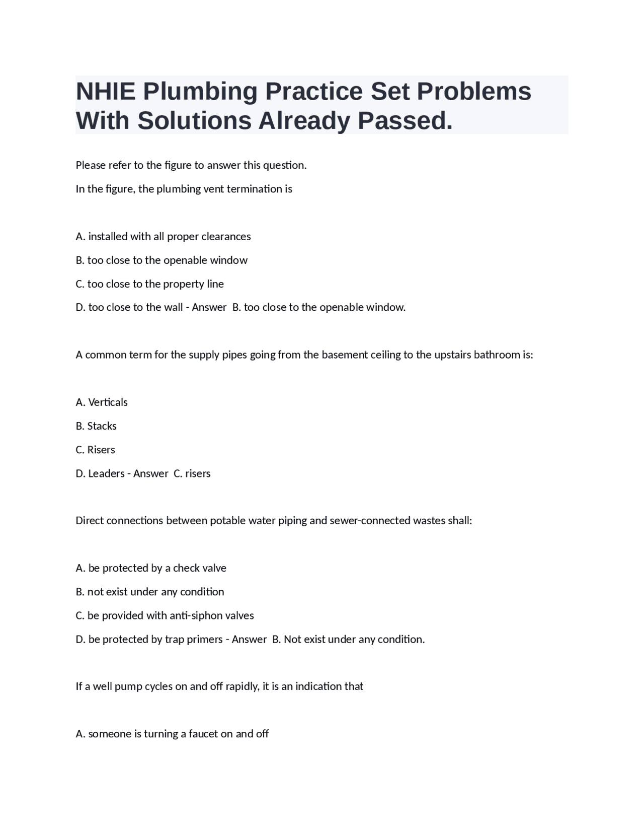 Plumbing Practice Set Problems with Solutions | Exams Construction ...
