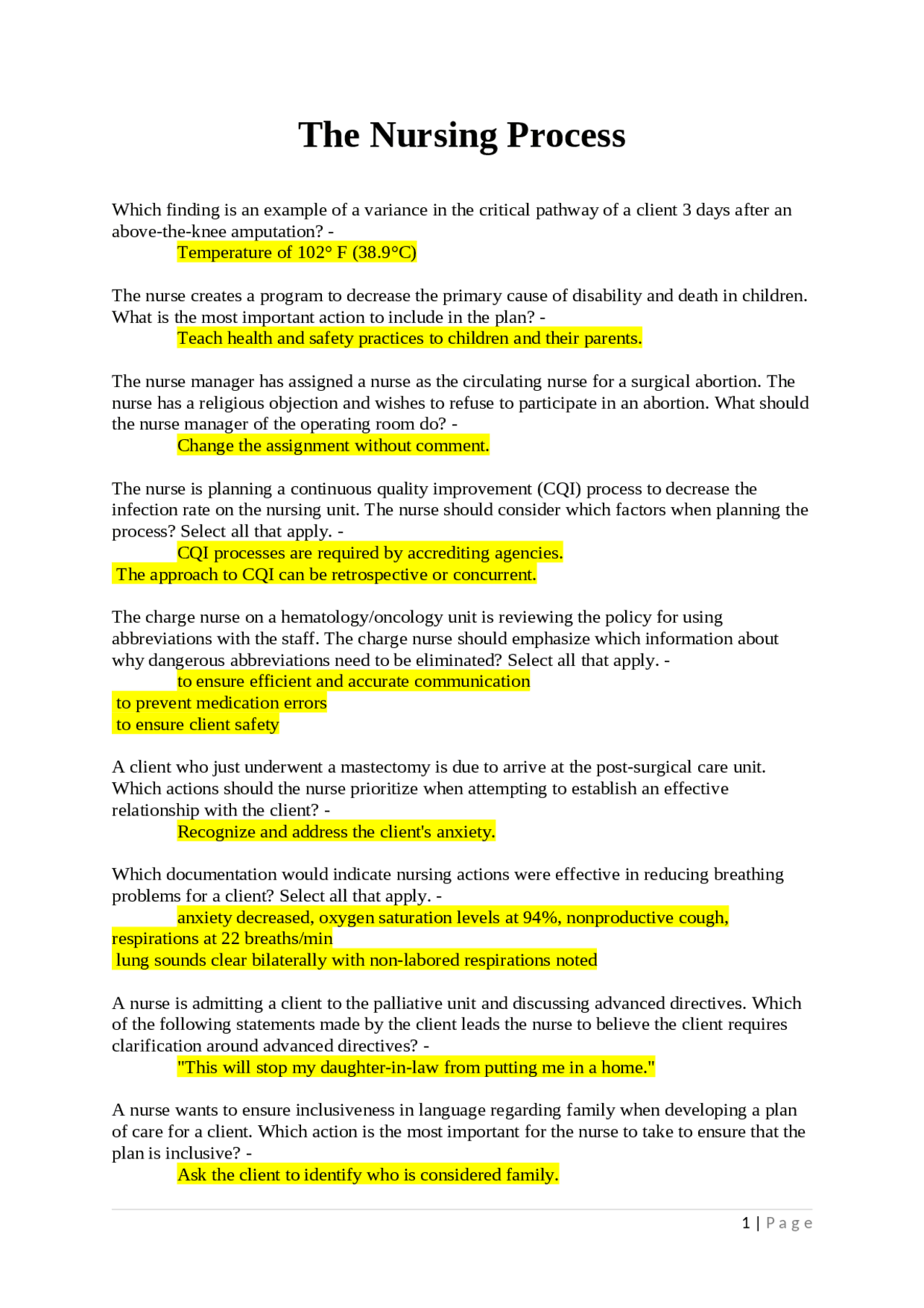 Nursing Process: Multiple Choice Questions and Answers | Exams ...