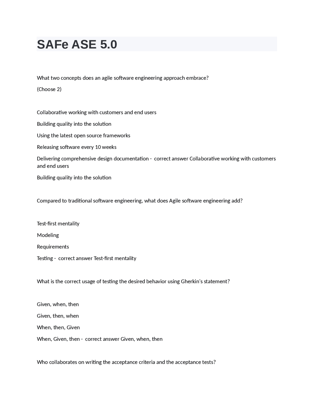 SAFe ASE 5.0: Agile Software Engineering Multiple Choice Questions and ...