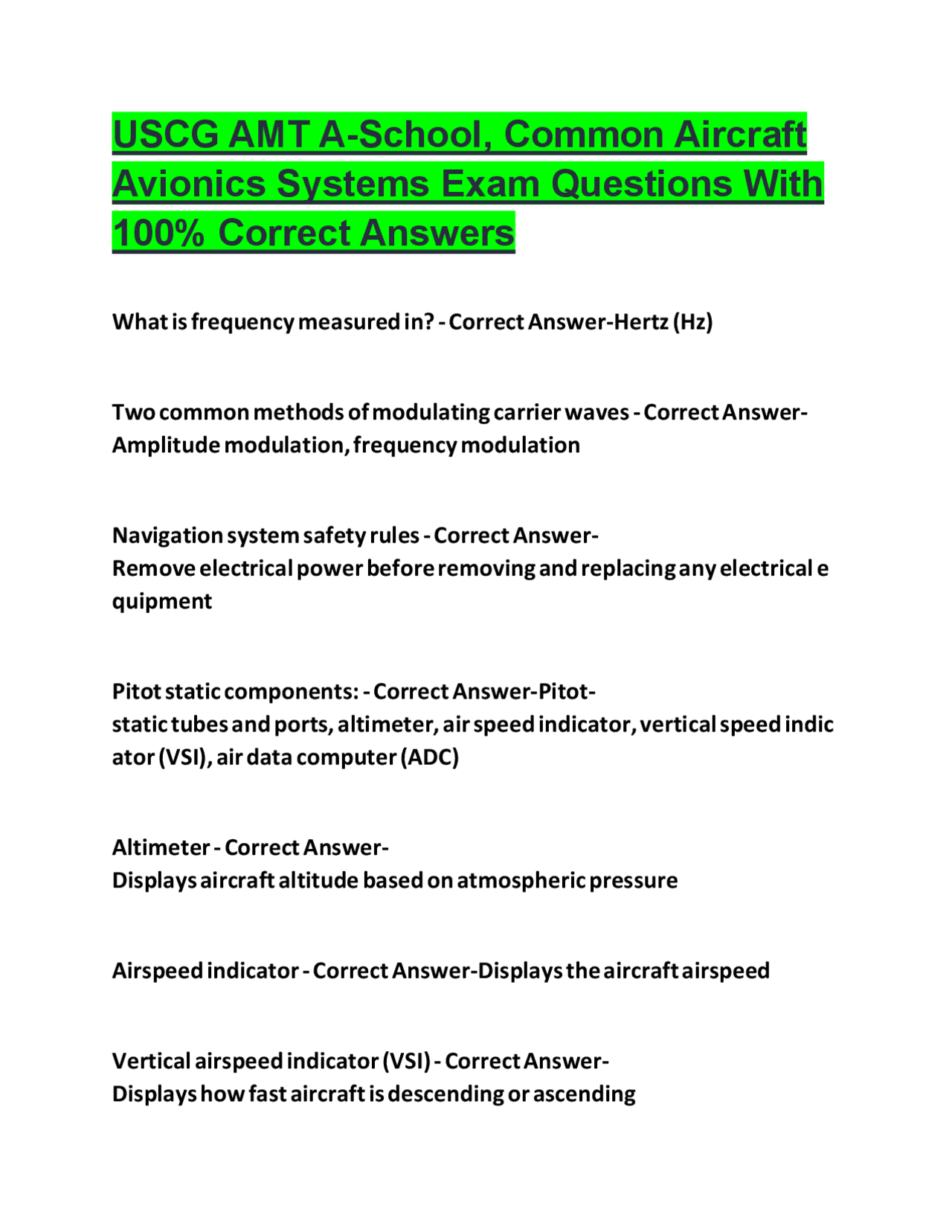 USCG AMT A-School, Common Aircraft Avionics Systems Exam Questions With ...