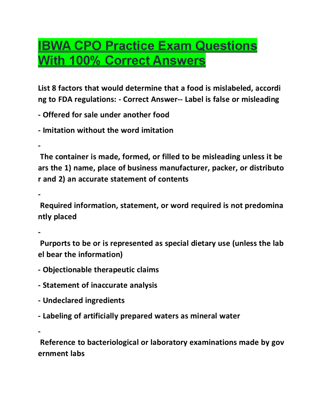 IBWA CPO Practice Exam Questions: Bottled Water Regulations and Safety ...