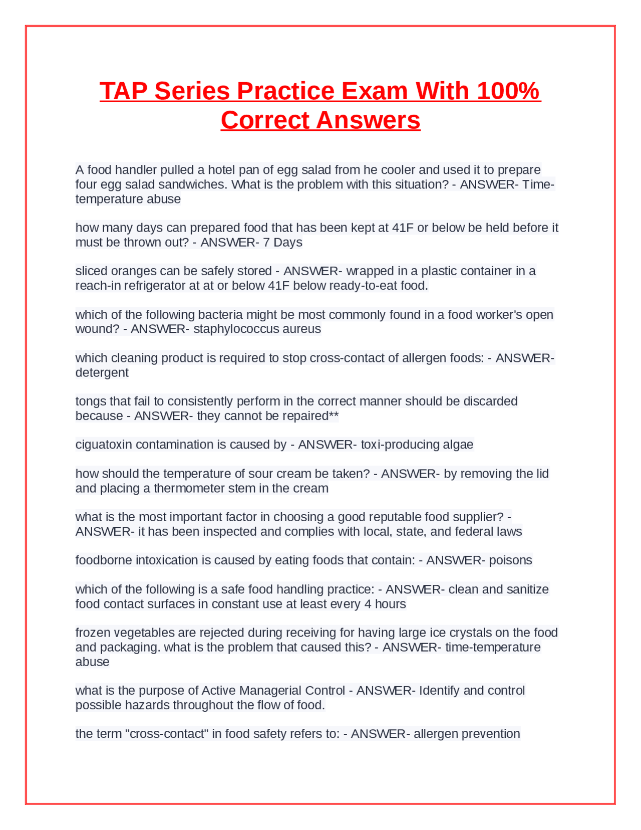 Food Safety Practice Exam with Answers | Exams Advanced Education | Docsity