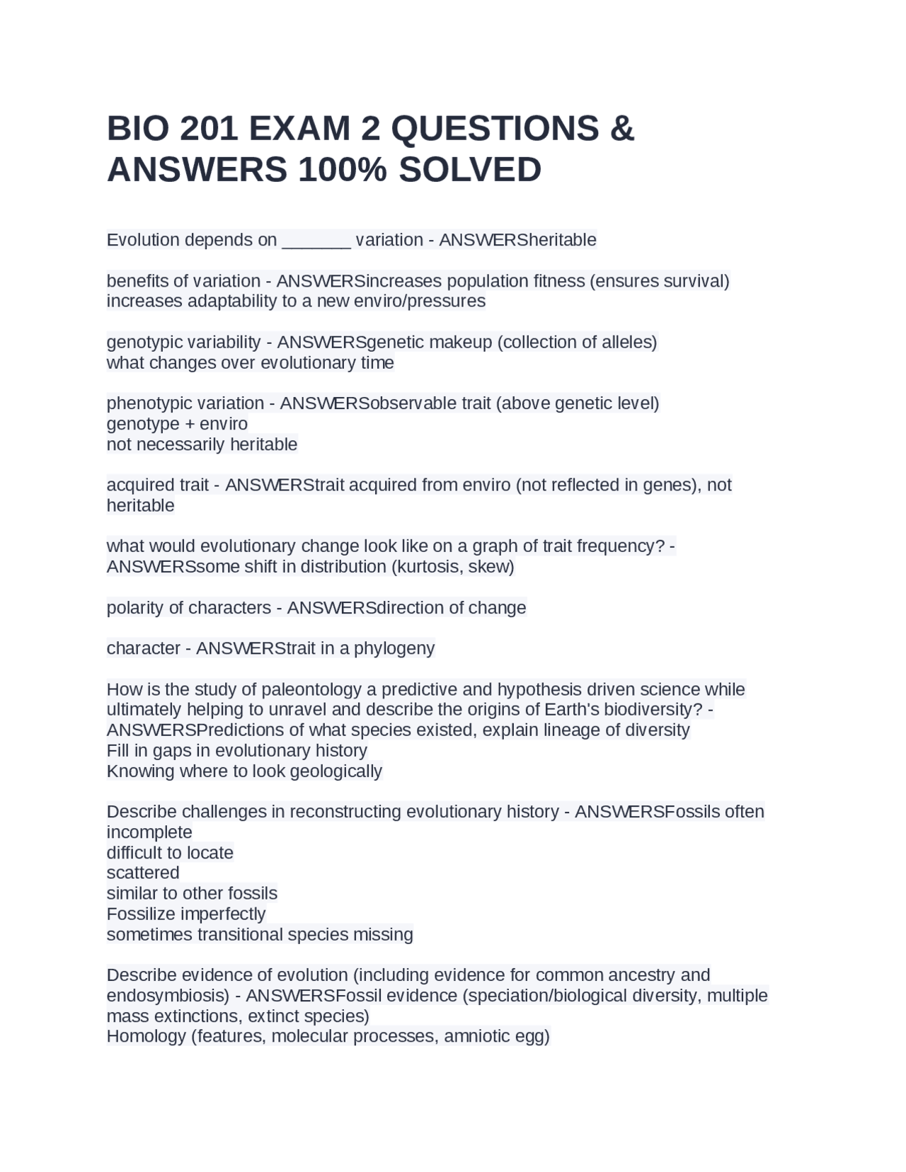 BIO 201 Exam 2 Questions & Answers: Evolutionary Biology | Exams ...