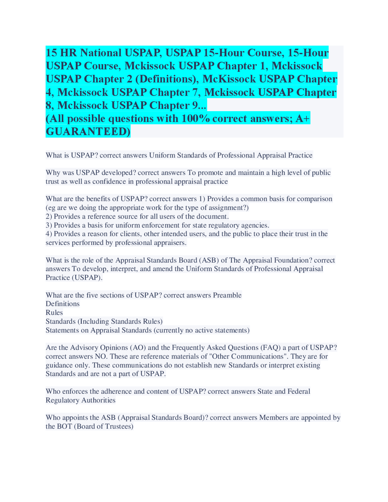 USPAP Study Guide: Questions & Answers | Exams Community Health | Docsity