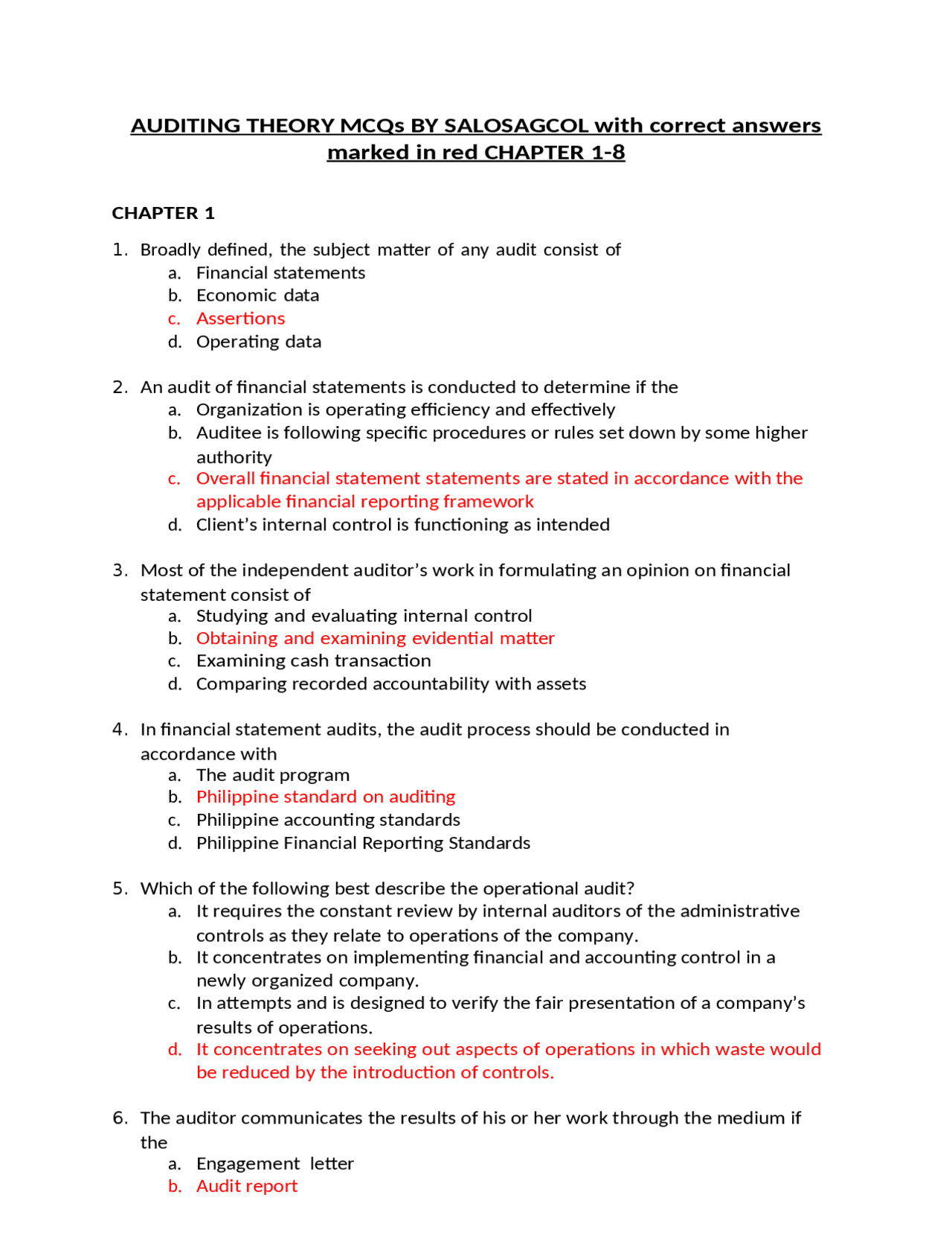 Auditing Theory: Multiple Choice Questions (MCQs) with Answers - Chapters 1-8 | Exams Advanced ...
