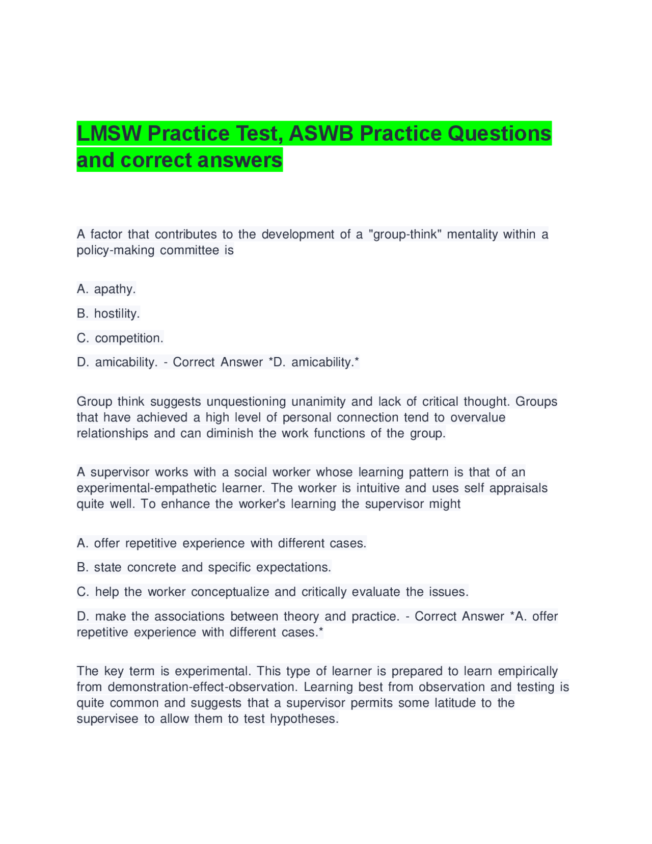 LMSW Practice Test: ASWB Practice Questions and Correct Answers | Exams ...