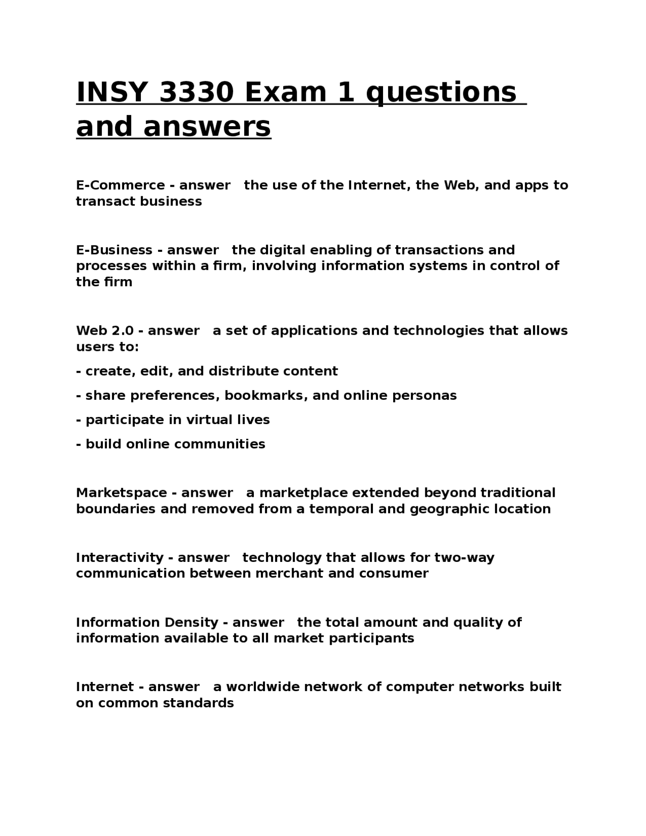 INSY 3330 Exam 1 Questions and Answers: E-Commerce, E-Business, Web 2.0, and More | Exams ...
