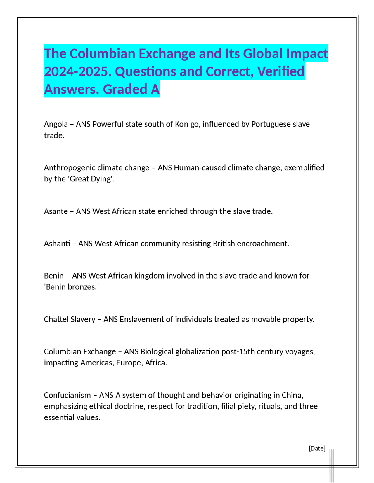 The Columbian Exchange and Its Global Impact 2024-2025. Questions and ...