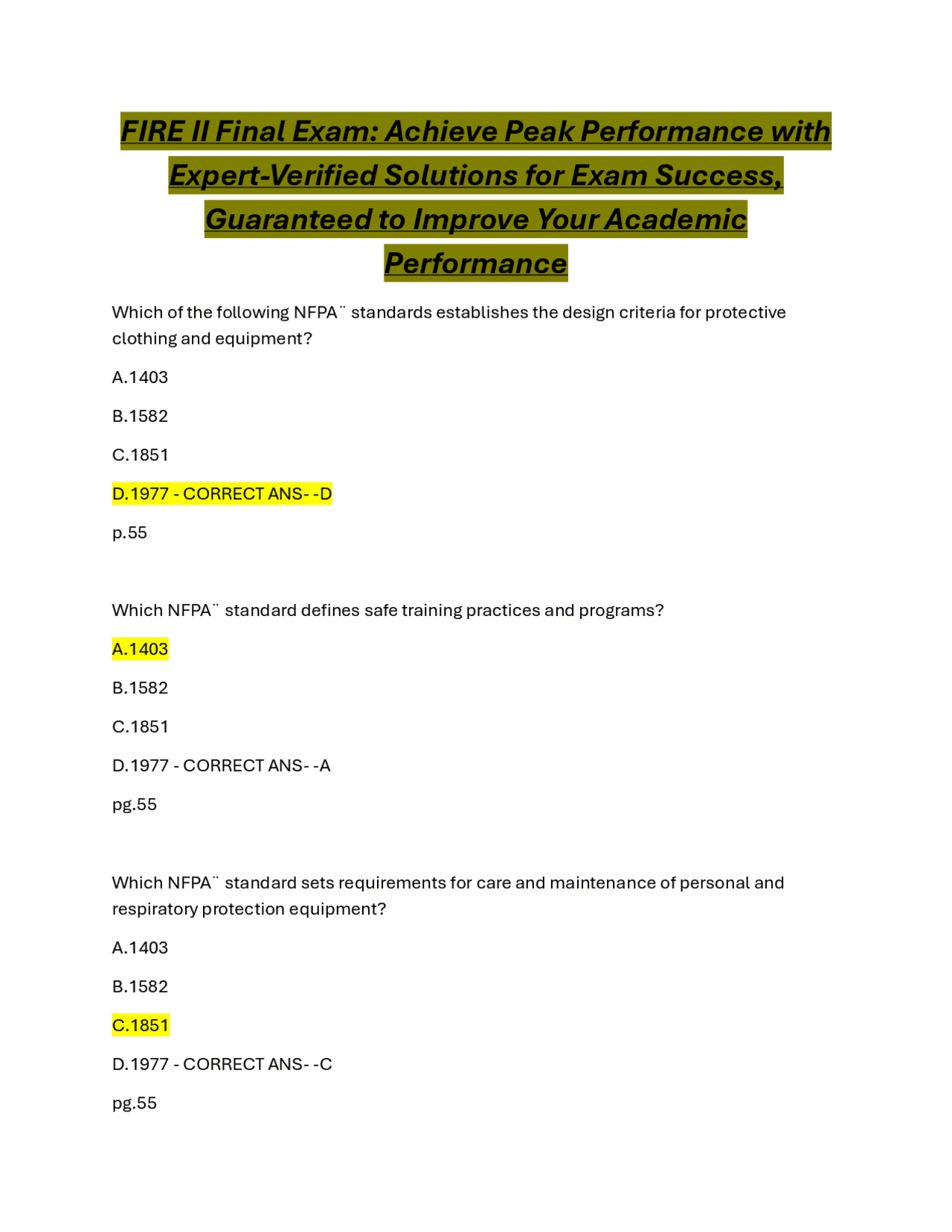 FIRE II Final Exam: Multiple Choice Questions and Answers | Exams ...