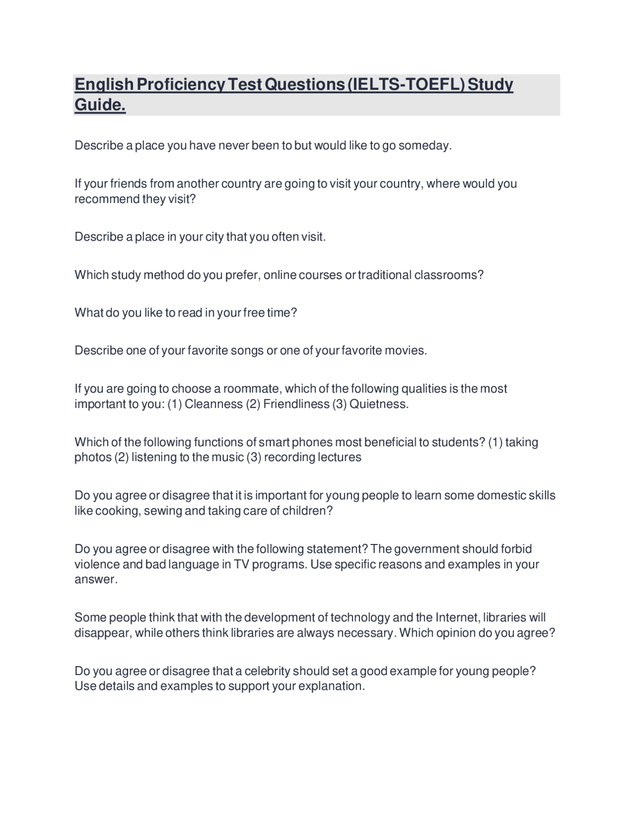 English Proficiency Test Questions (IELTS-TOEFL) Study Guide | Exams ...