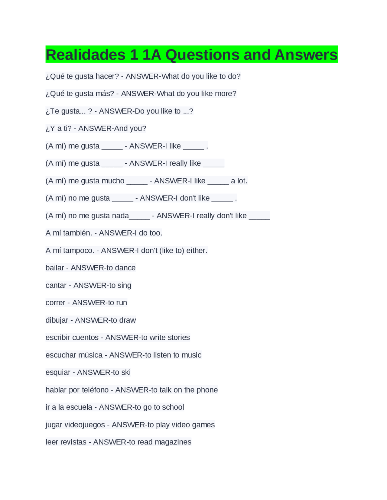 Realidades 1 1A Questions and Answers | Exams Communication | Docsity