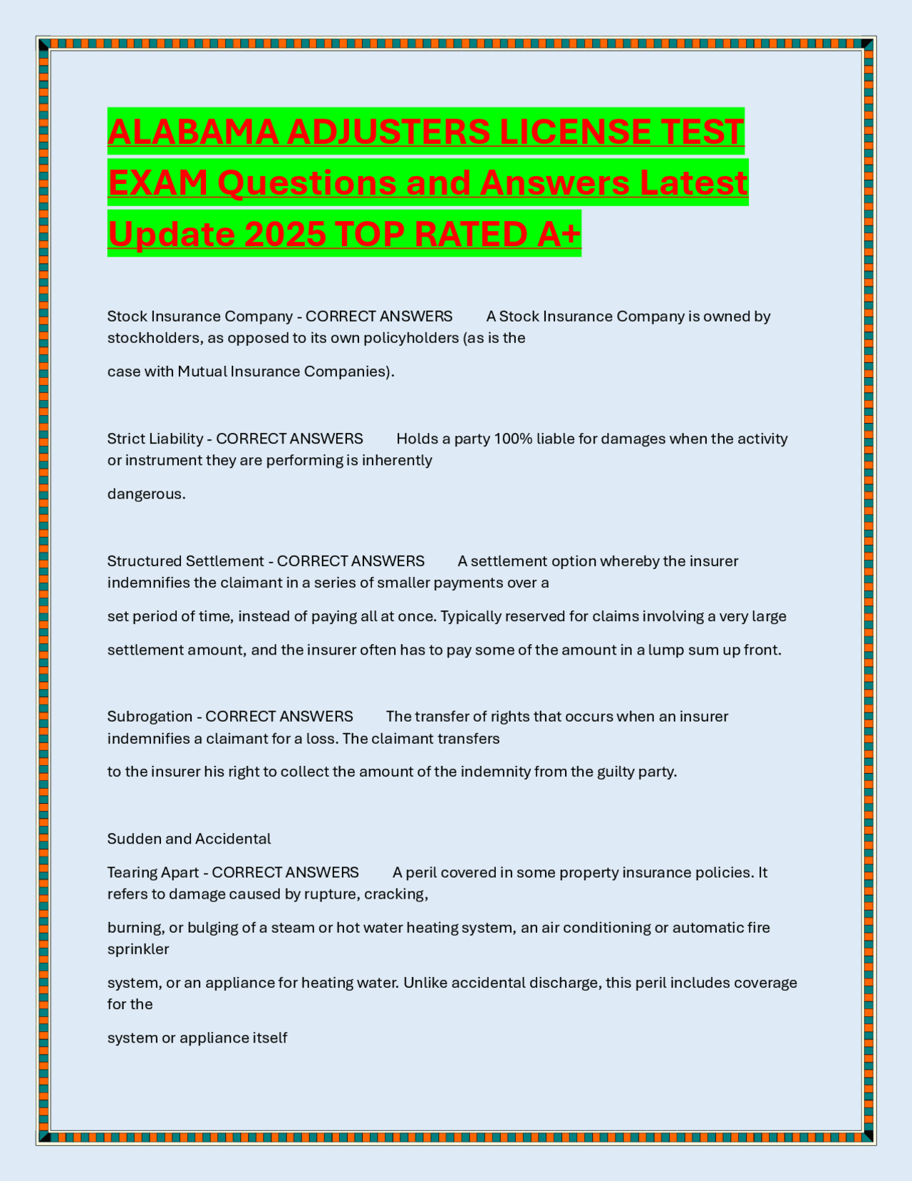 ALABAMA ADJUSTERS LICENSE TEST EXAM Questions and Answers Latest Update ...