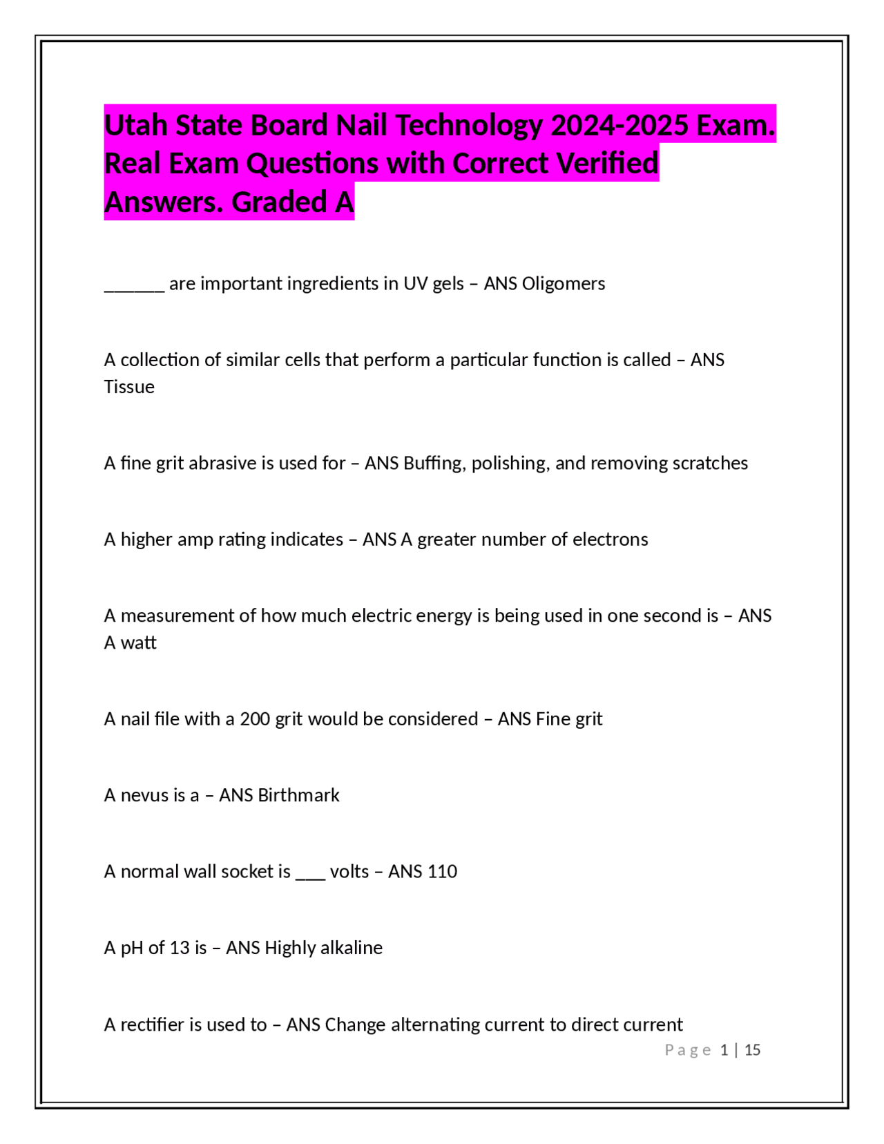 Utah State Board Nail Technology 2024-2025 Exam. Real Exam Questions ...