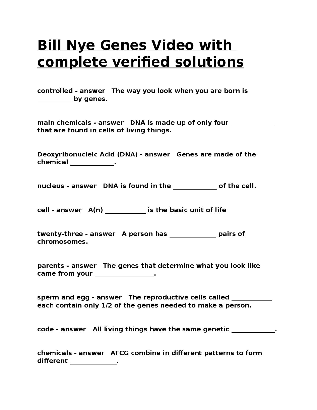 Bill Nye Genes Video with complete verified solutions. | Exams Biology ...