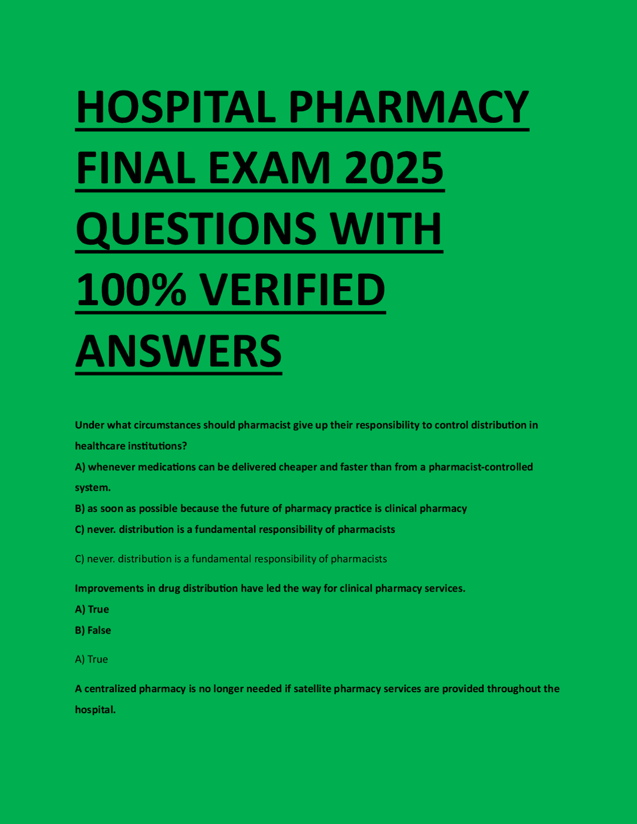 HOSPITAL PHARMACY FINAL EXAM 2025 QUESTIONS WITH 100% VERIFIED ANSWERS | Exams Health sciences ...