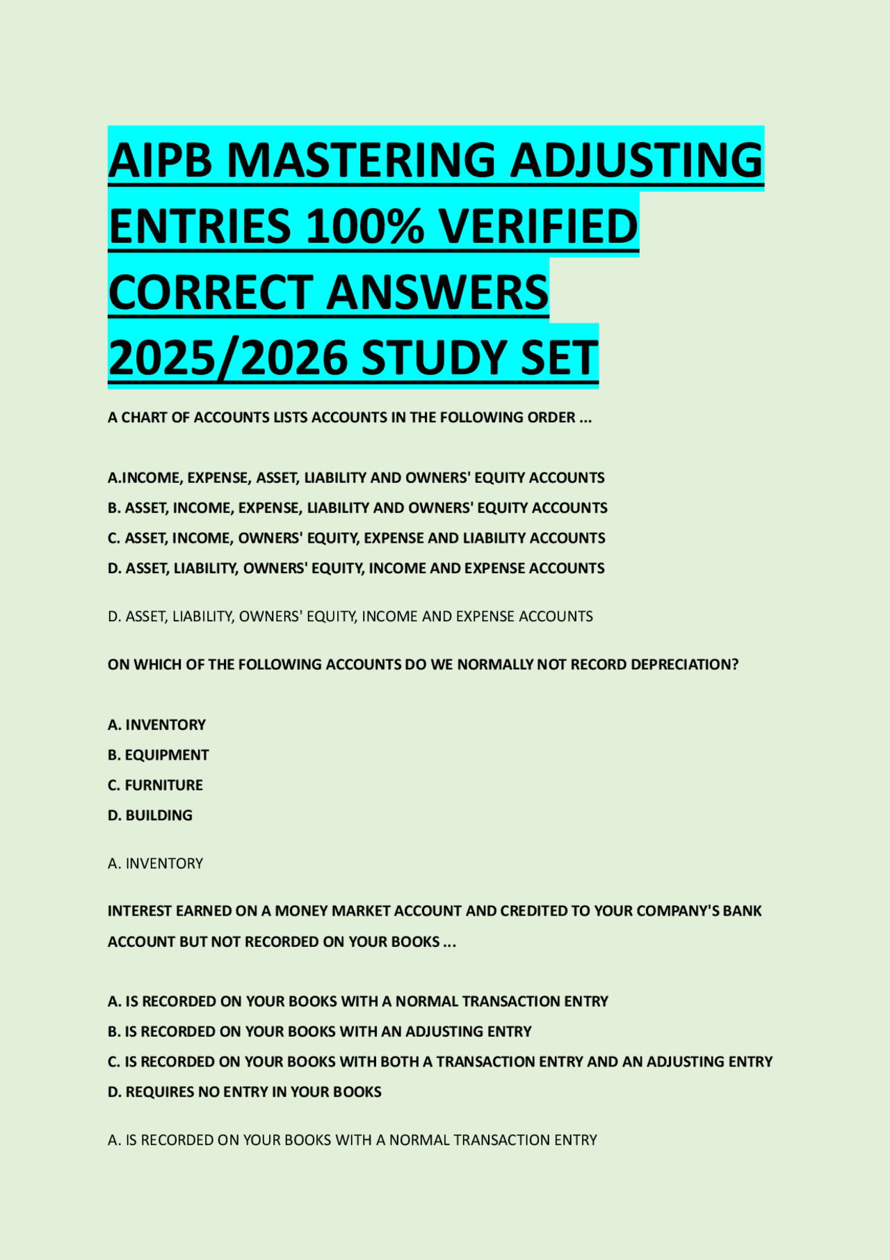 AIPB MASTERING ADJUSTING ENTRIES 100% VERIFIED CORRECT ANSWERS 2025/ ...